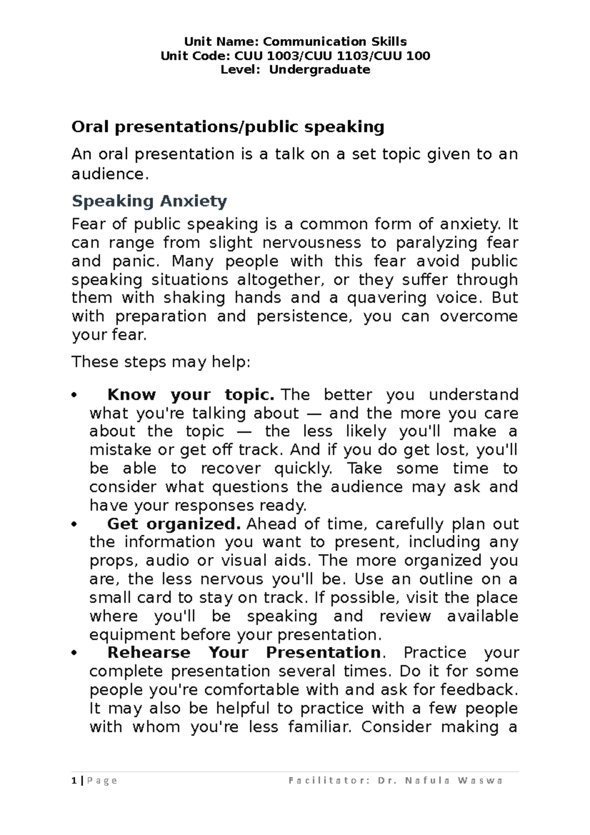Lesson IV(b) - ORAL Presentation - Public Speaking - Unit Code: CUU ...