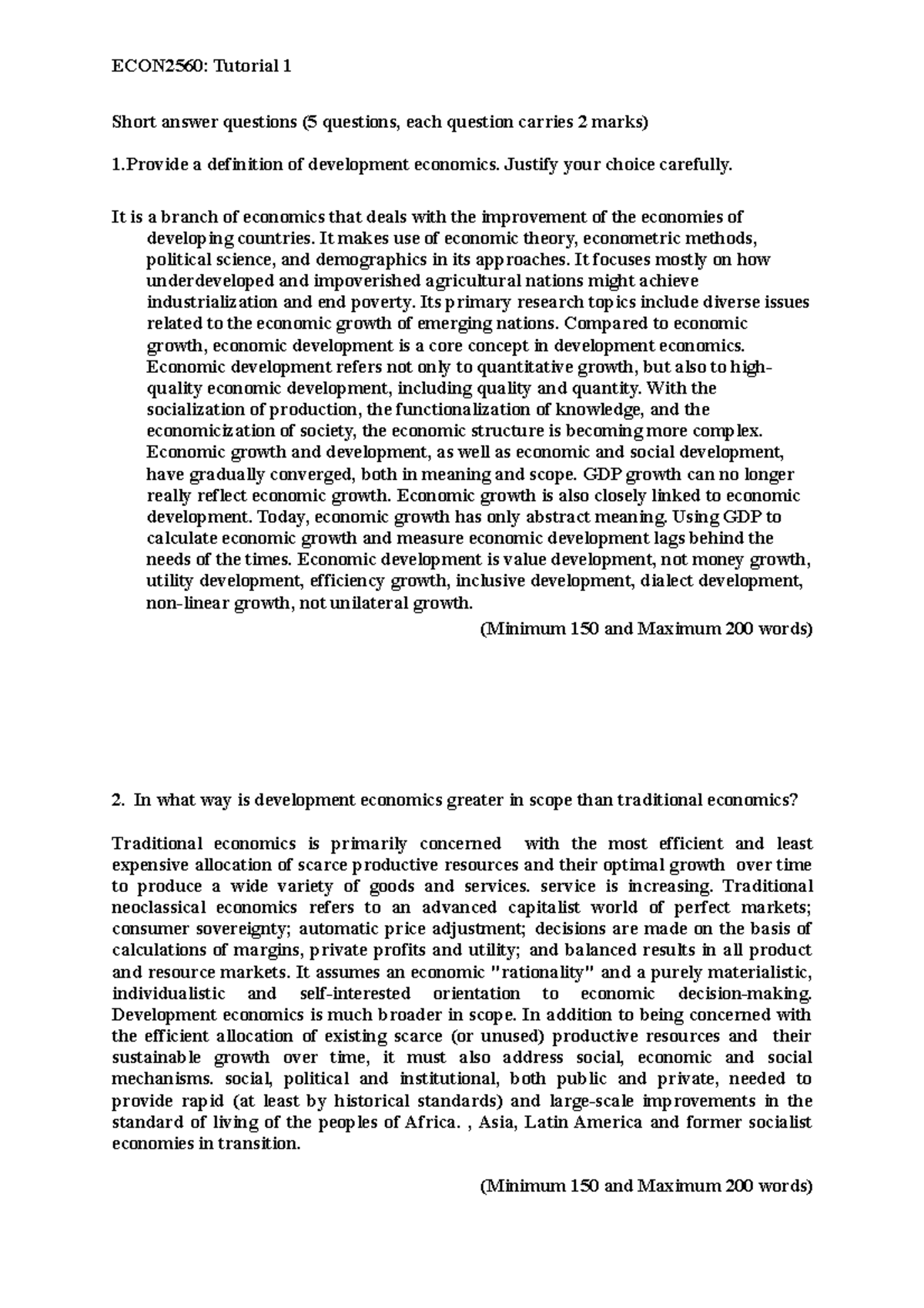 ECON2560-2022-Tutorial One - ECON2560: Tutorial 1 Short answer ...