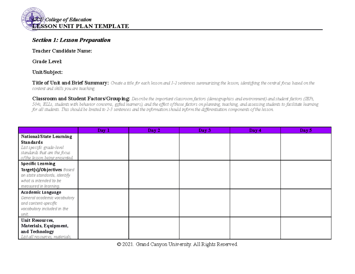 Unit plan template 5 day - GCU College of Education LESSON UNIT PLAN ...