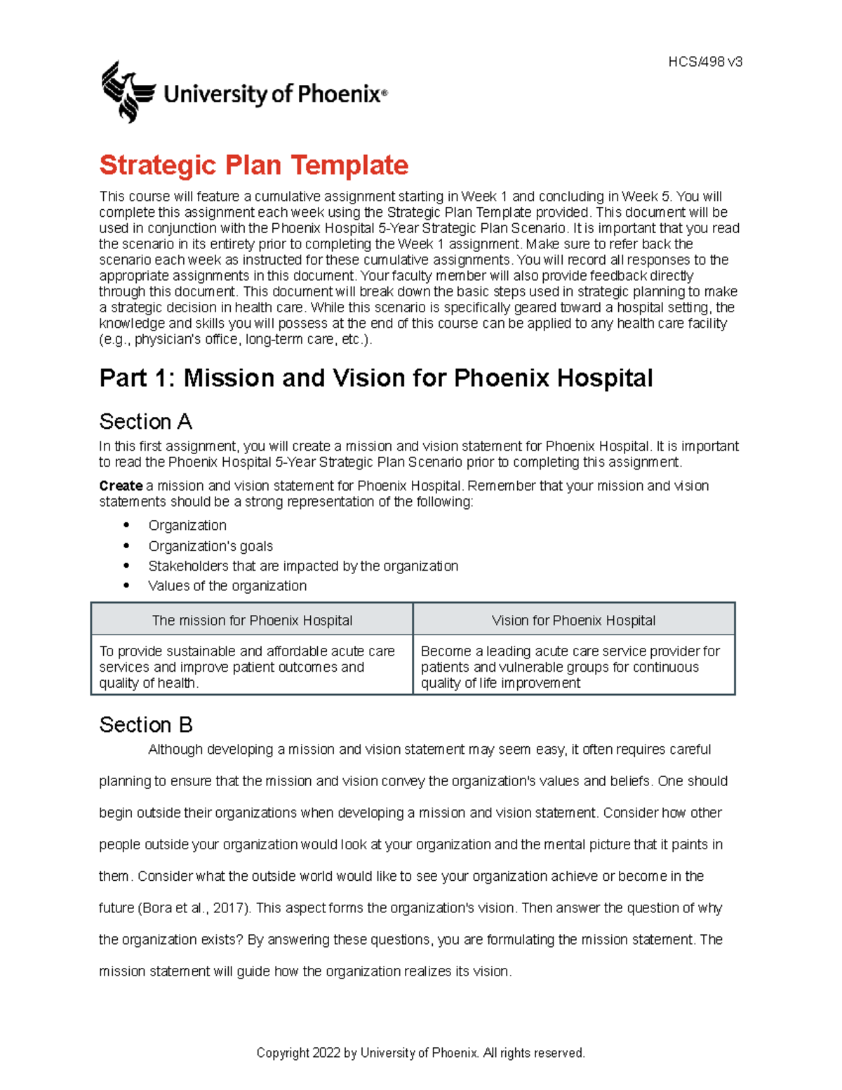 Answer 1 - yes - HCS/498 v Strategic Plan Template This course will ...