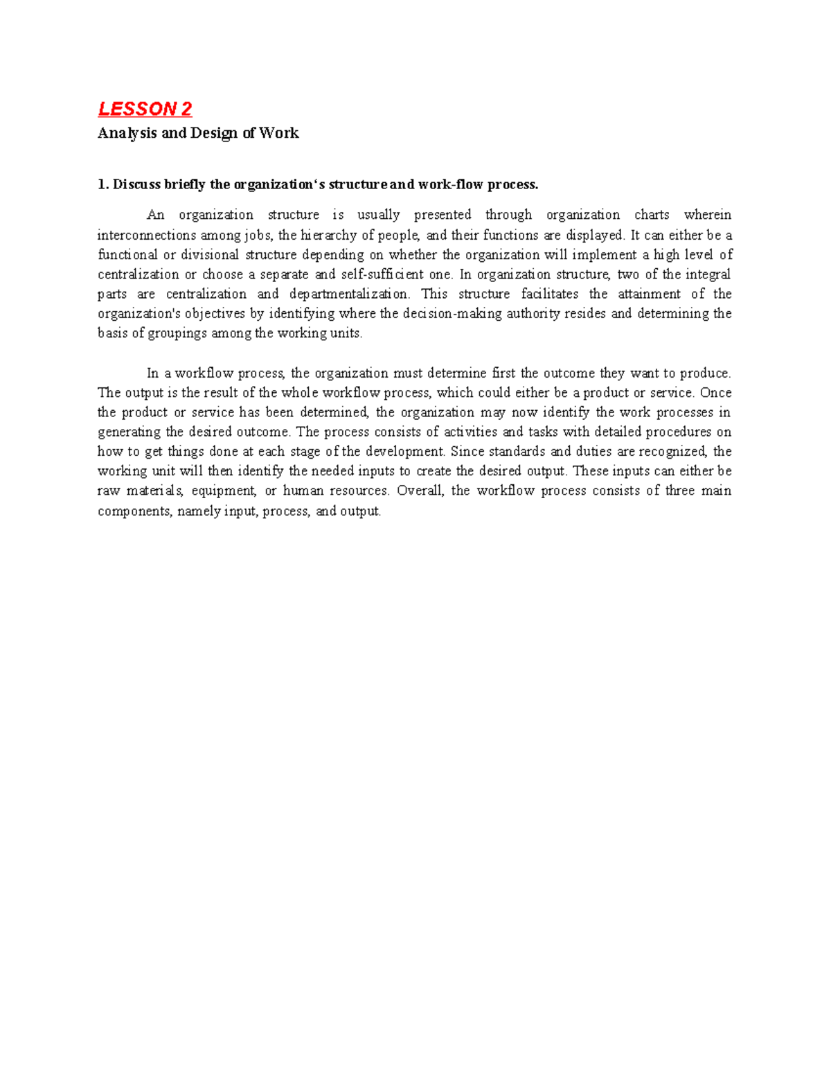 Lesson 2 - Analysis and Design of Work - LESSON 2 Analysis and Design ...