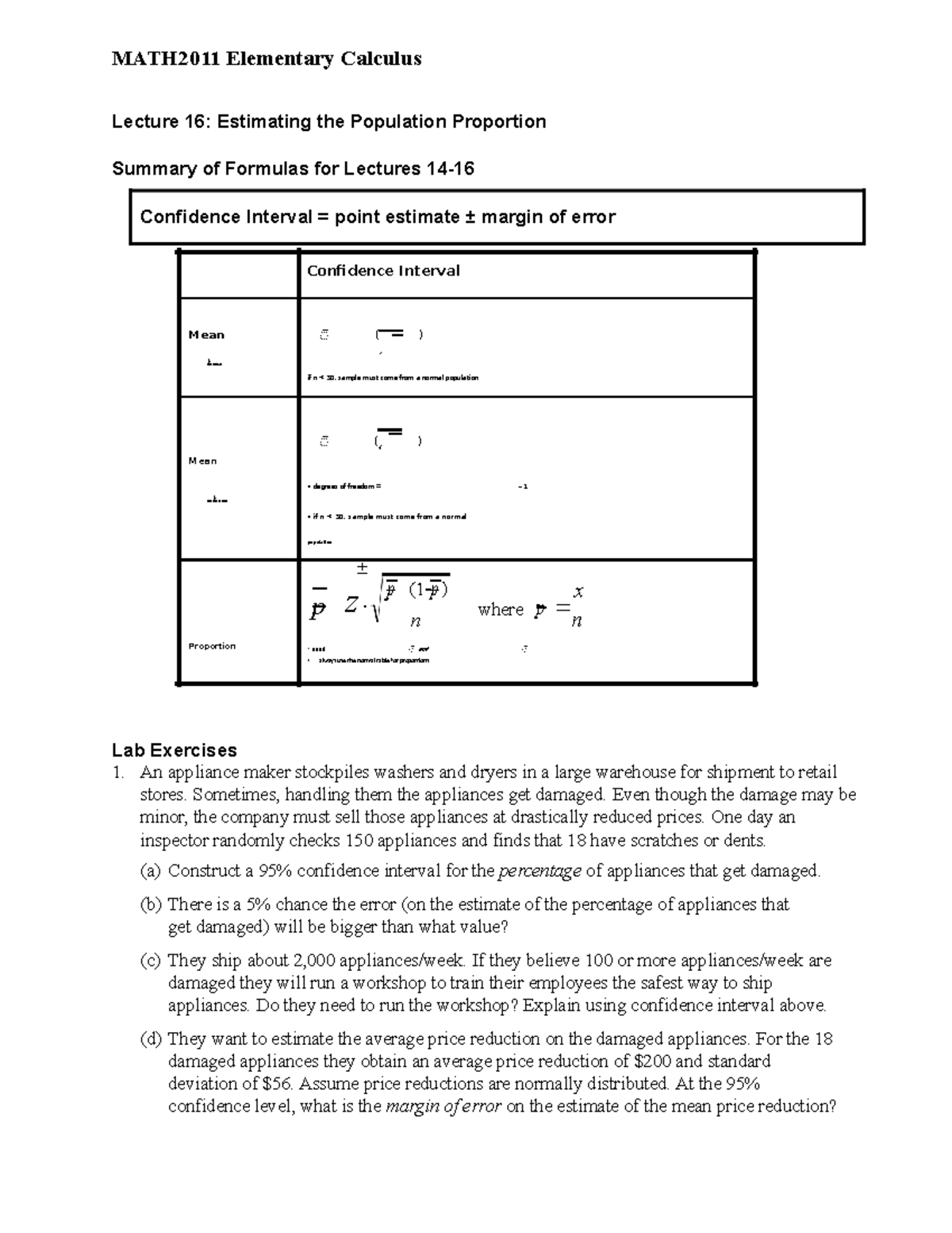 Elementary Cal Math2011-Chapter 3-4Lab Questions - MATH2011 Elementary ...
