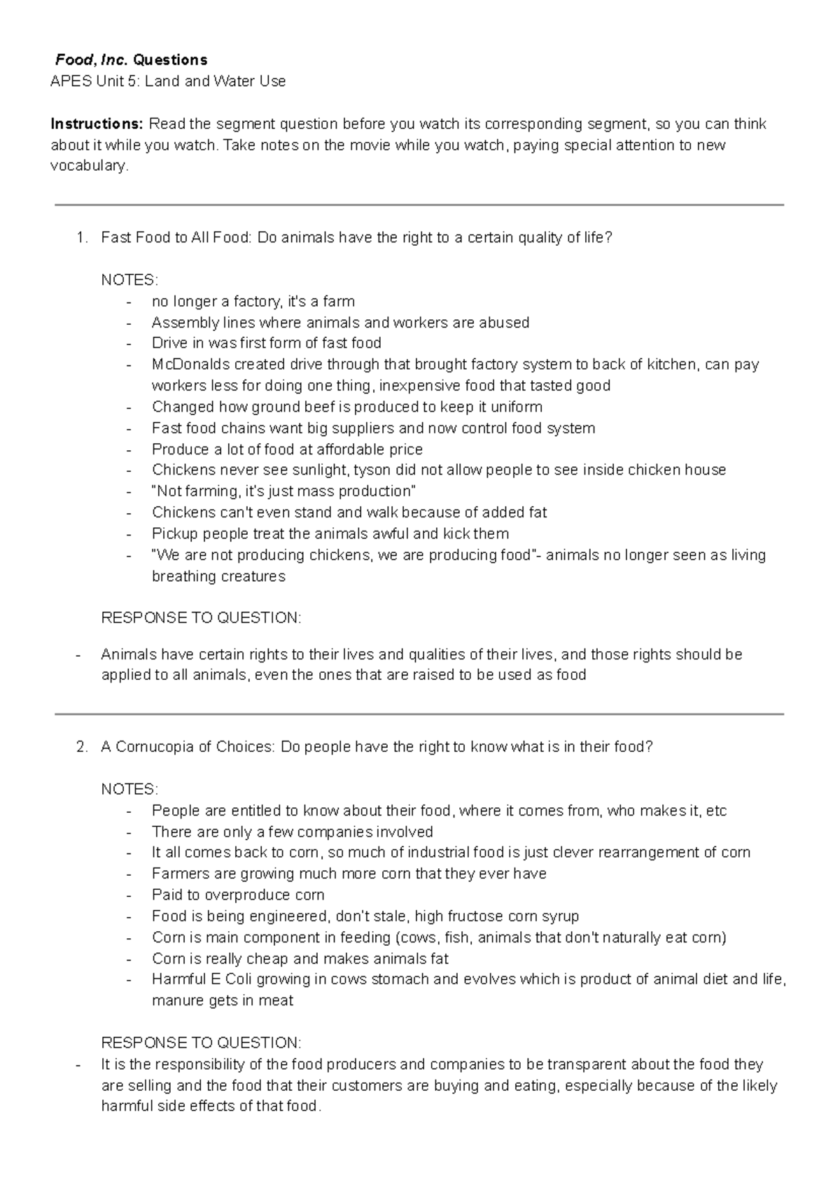 Food Inc Video Handout - Food, Inc. Questions APES Unit 5: Land and ...