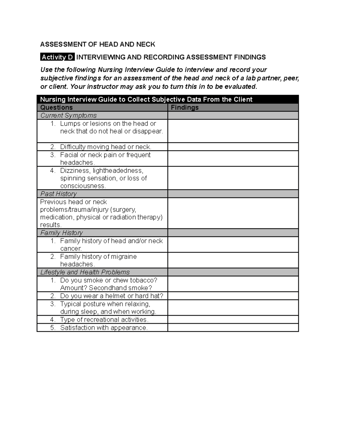 WEEK 7 Retdem Interview- Subjective Head and Neckk - ASSESSMENT OF HEAD ...