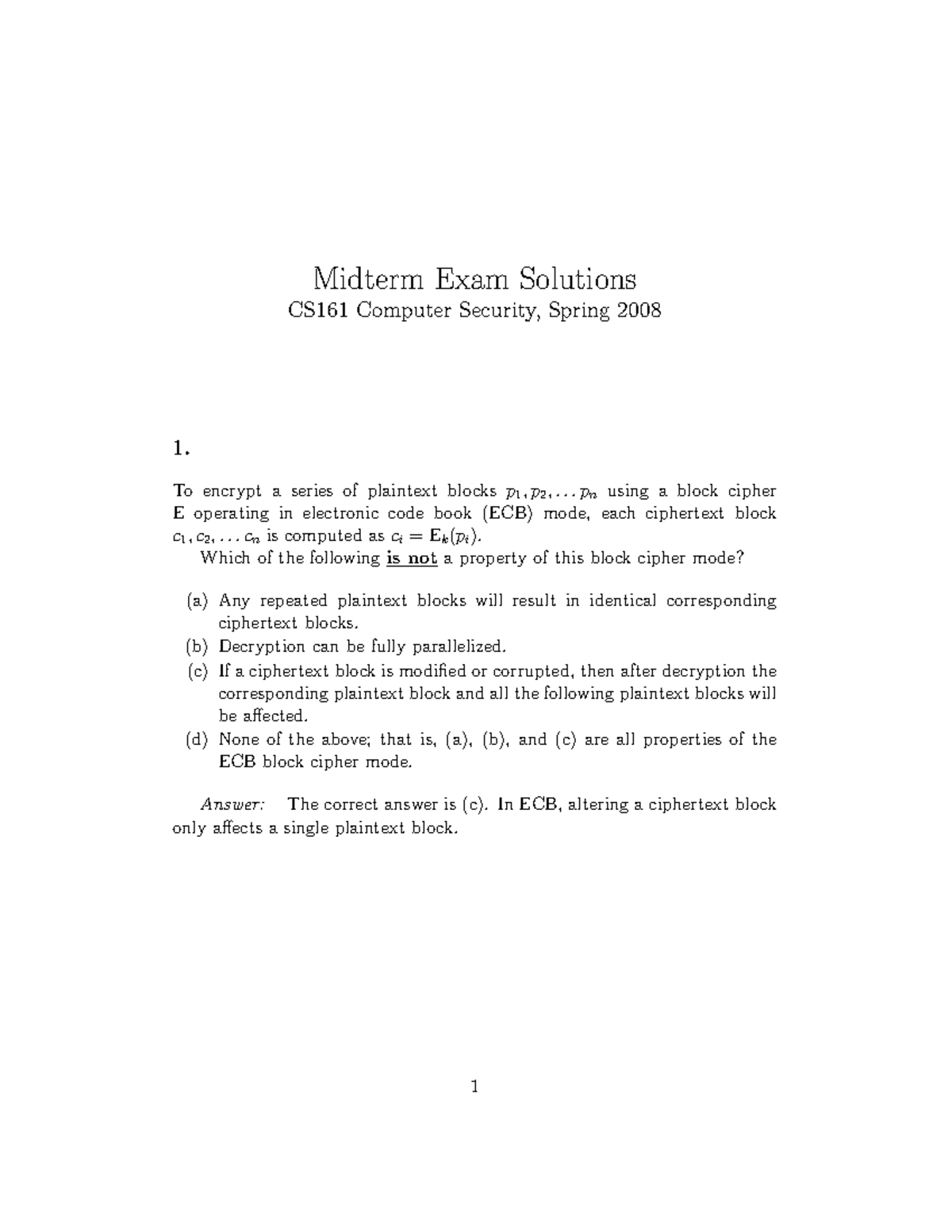 Cs161 sp08 mt1 sol - For computer science students only - Midterm Exam Solutions CS161 Computer ...