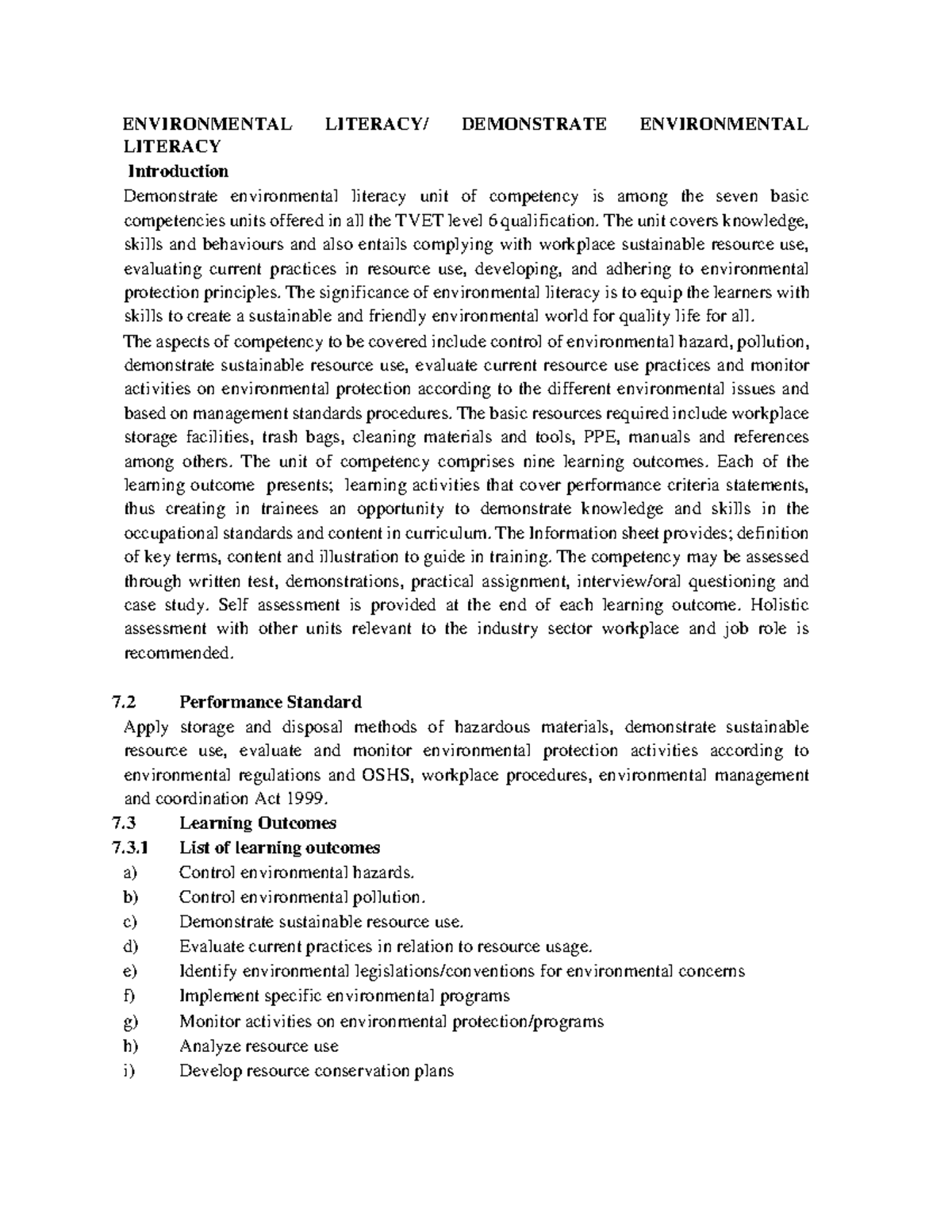 Environmental Literacy - The unit covers knowledge, skills and ...