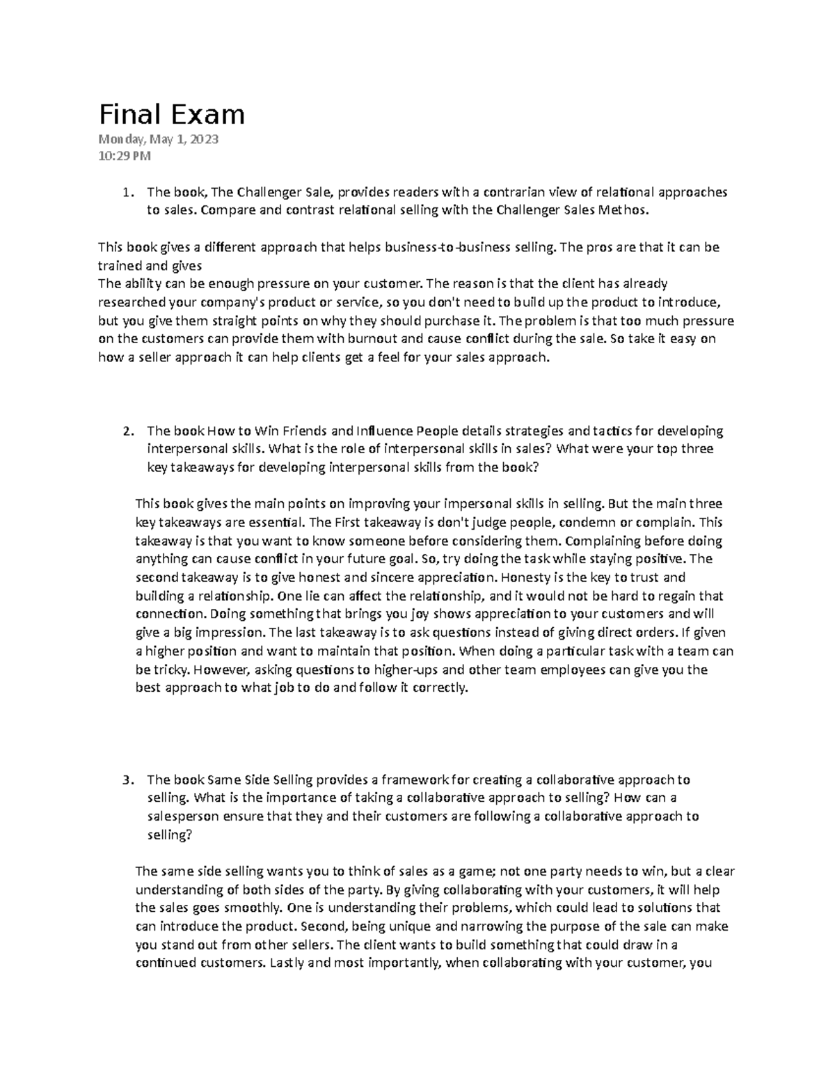 Final Exam Personal SellingnFinal Exam Question - Final Exam Monday ...