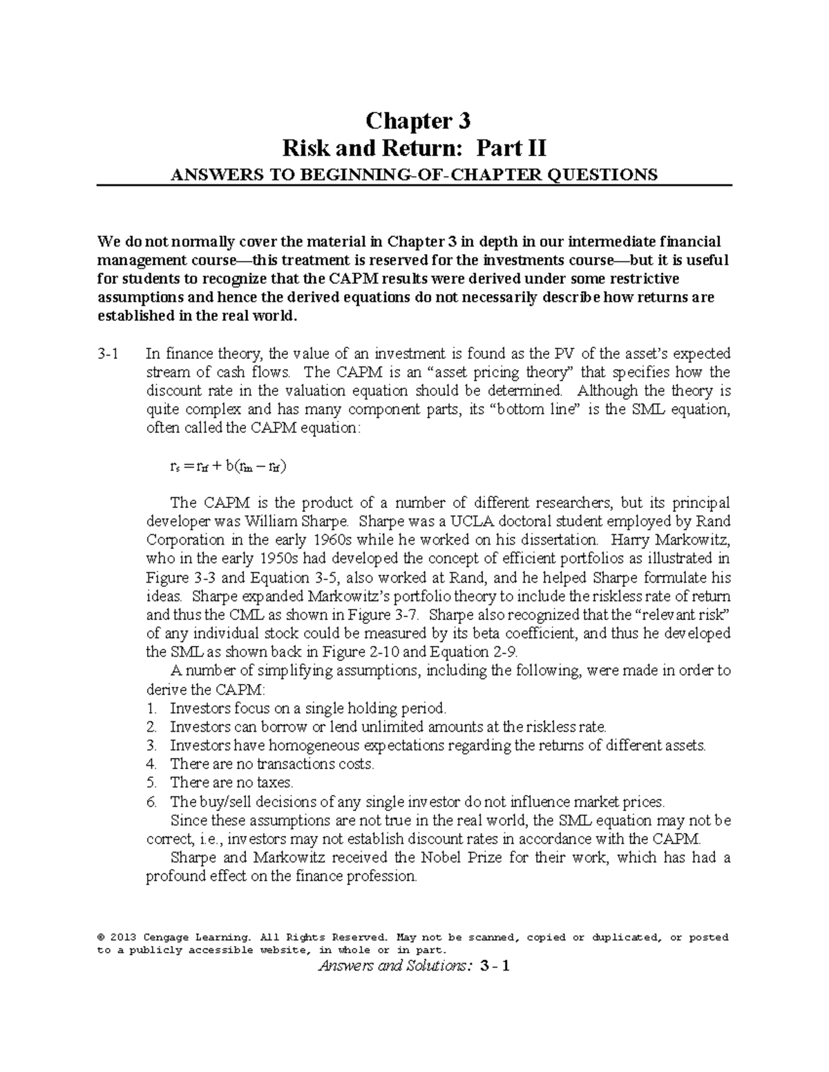 IFM11 SM Ch03 - Risk and Return - Chapter 3 Risk and Return: Part II ...