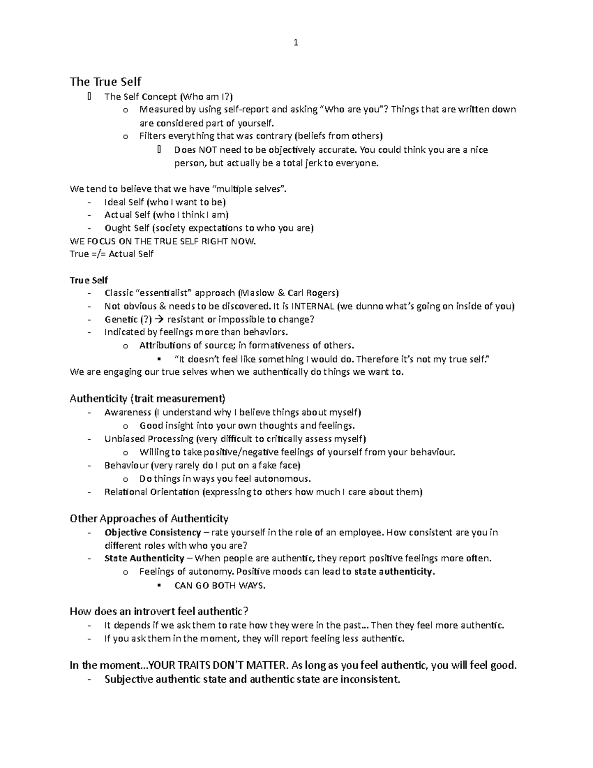 Positive Psychology Material for Final Exam - 1 The True Self The Self ...