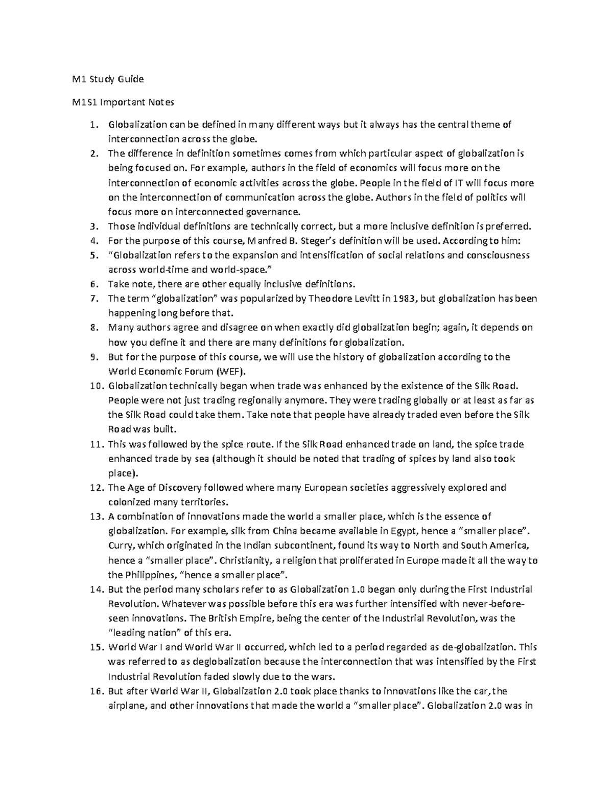 Contemp World Study Guide - M1 Study Guide M1S1 Important Notes ...
