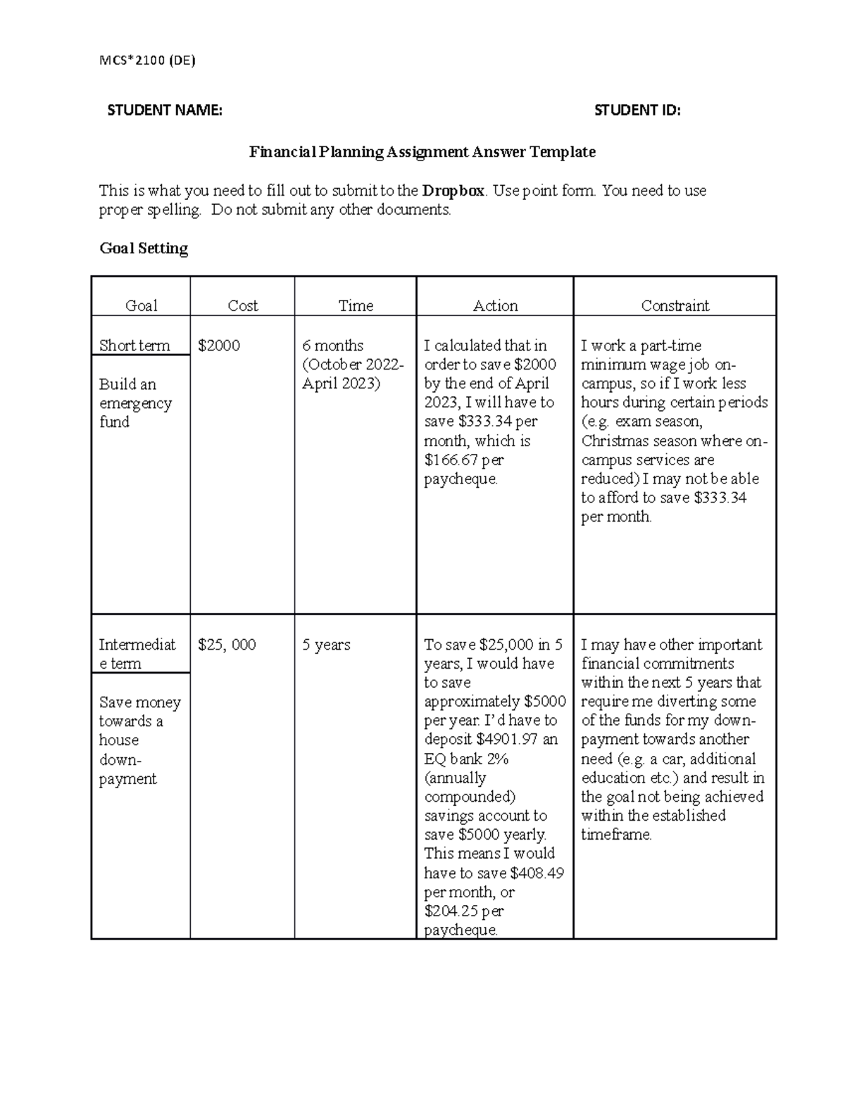 Fpa - Financial Planning Assignment - STUDENT NAME: STUDENT ID ...