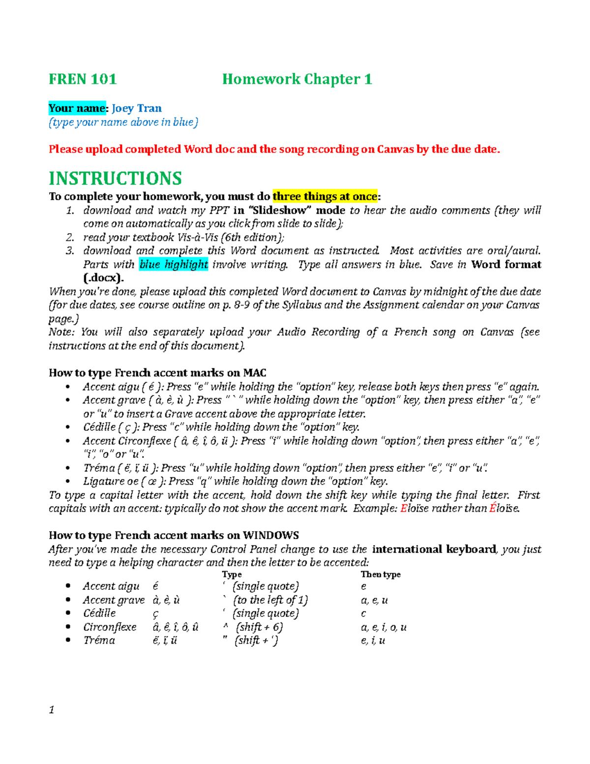 FREN 101 Homework 1 Online-1 - FREN 101 Homework Chapter 1 Your name ...