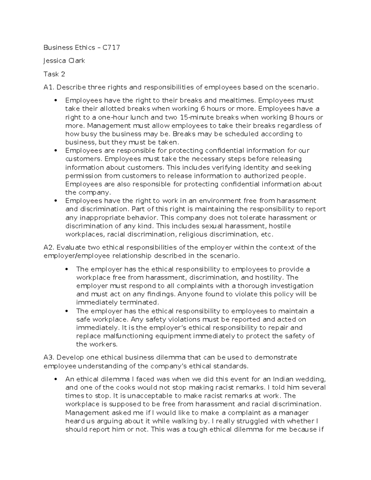 Task 2 - C717 - Task 2 - Business Ethics – C Jessica Clark Task 2 A1 ...