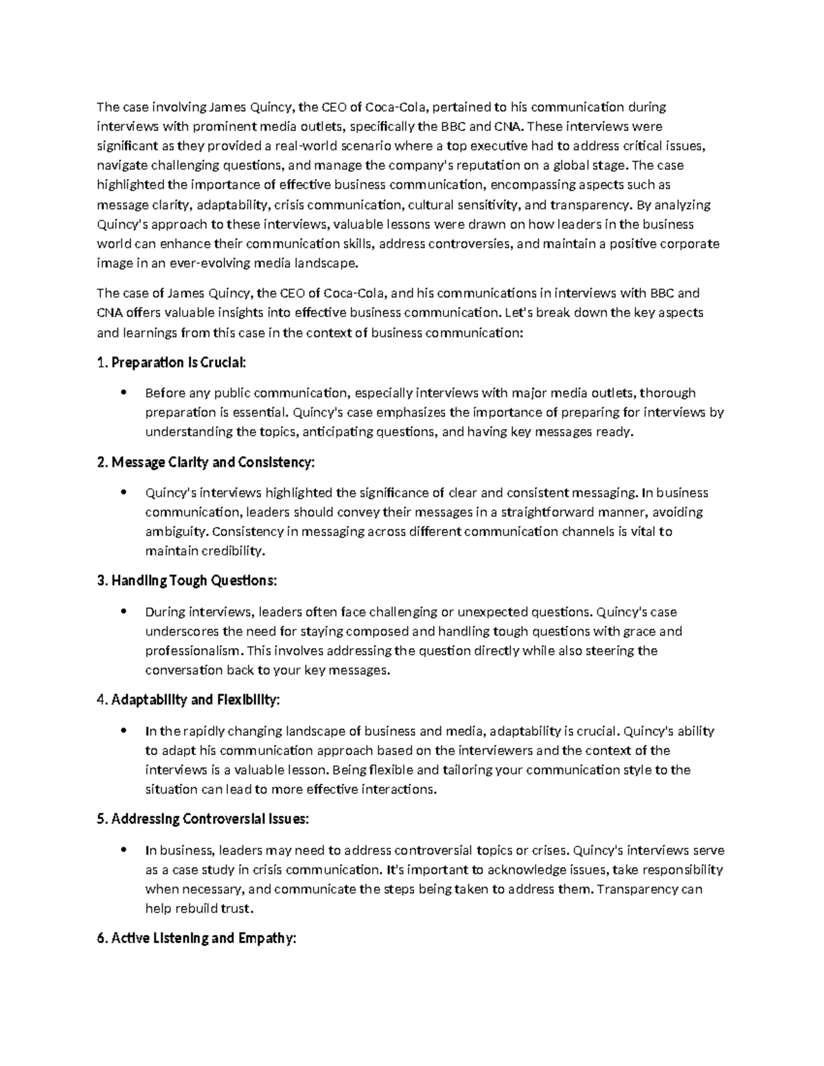 Coca cola case - case study notes - The case involving James Quincy ...