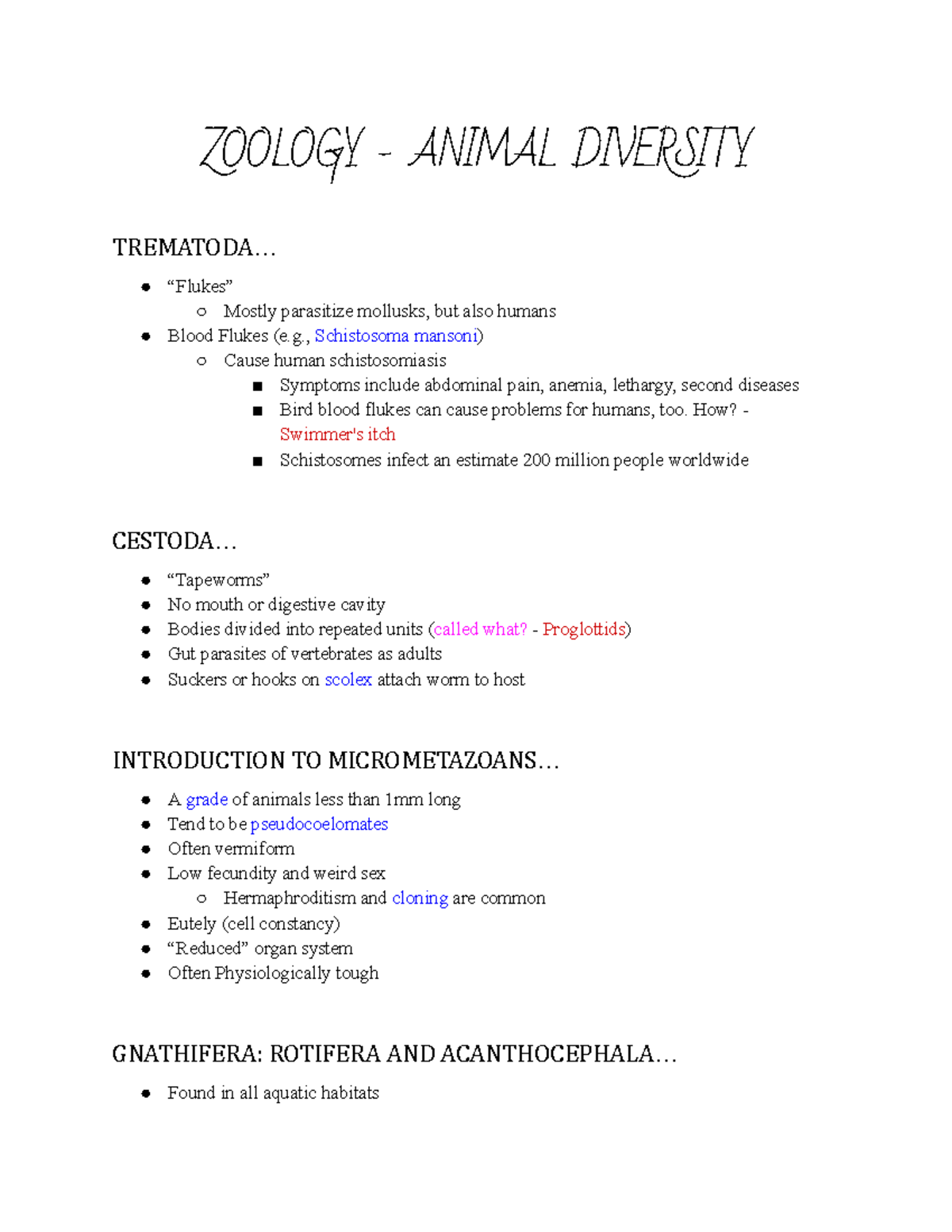 Zoology Notes part 20 - ZOOLOGY - ANIMAL DIVERSITY TREMATODA... “Flukes ...