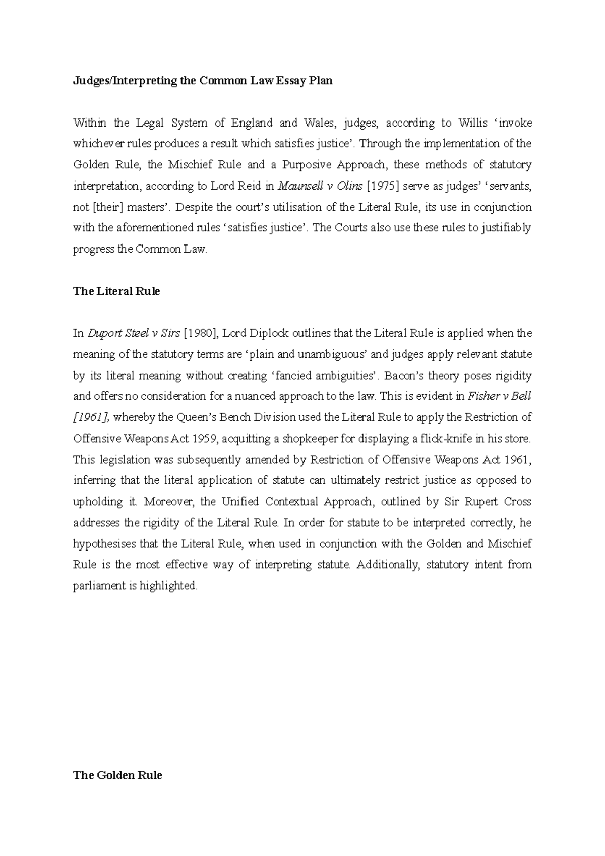 Judges Essay Plan - Grade: 60 - Judges/Interpreting the Common Law ...