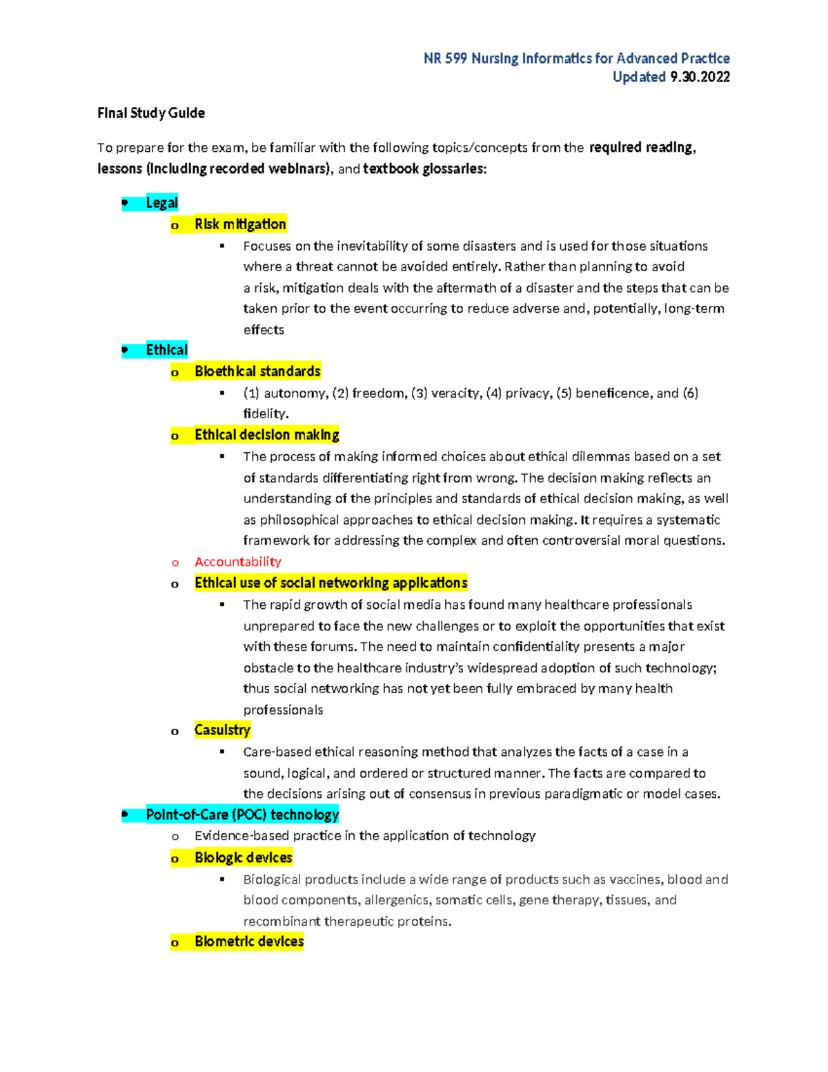 NR 599 Final Exam Study Guide 93022 - Updated 9. Final Study Guide To ...