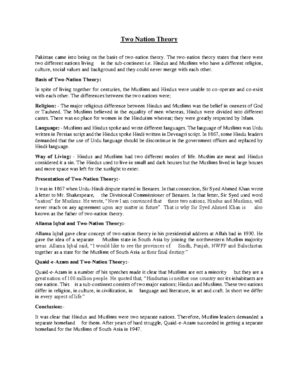 two nation theory - The two-nation theory states that there were two ...
