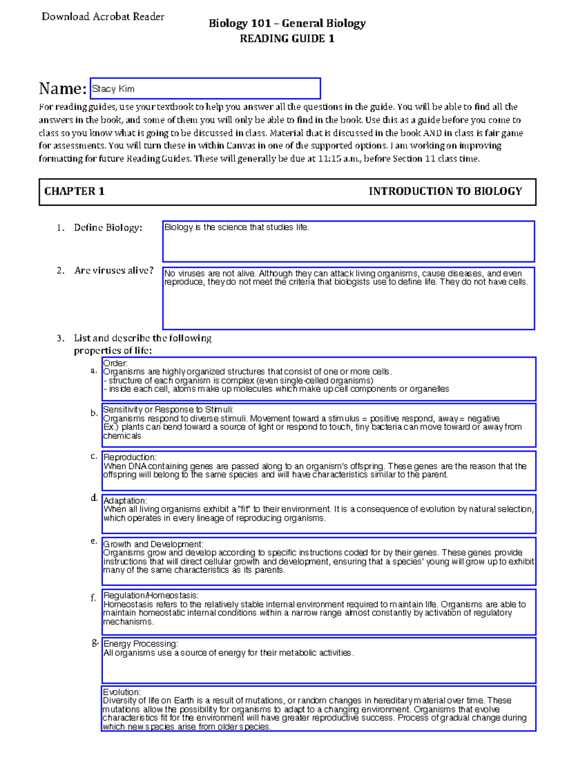 Reading Guide 01 s24 - Biology 101 – General Biology READING GUIDE 1 ...