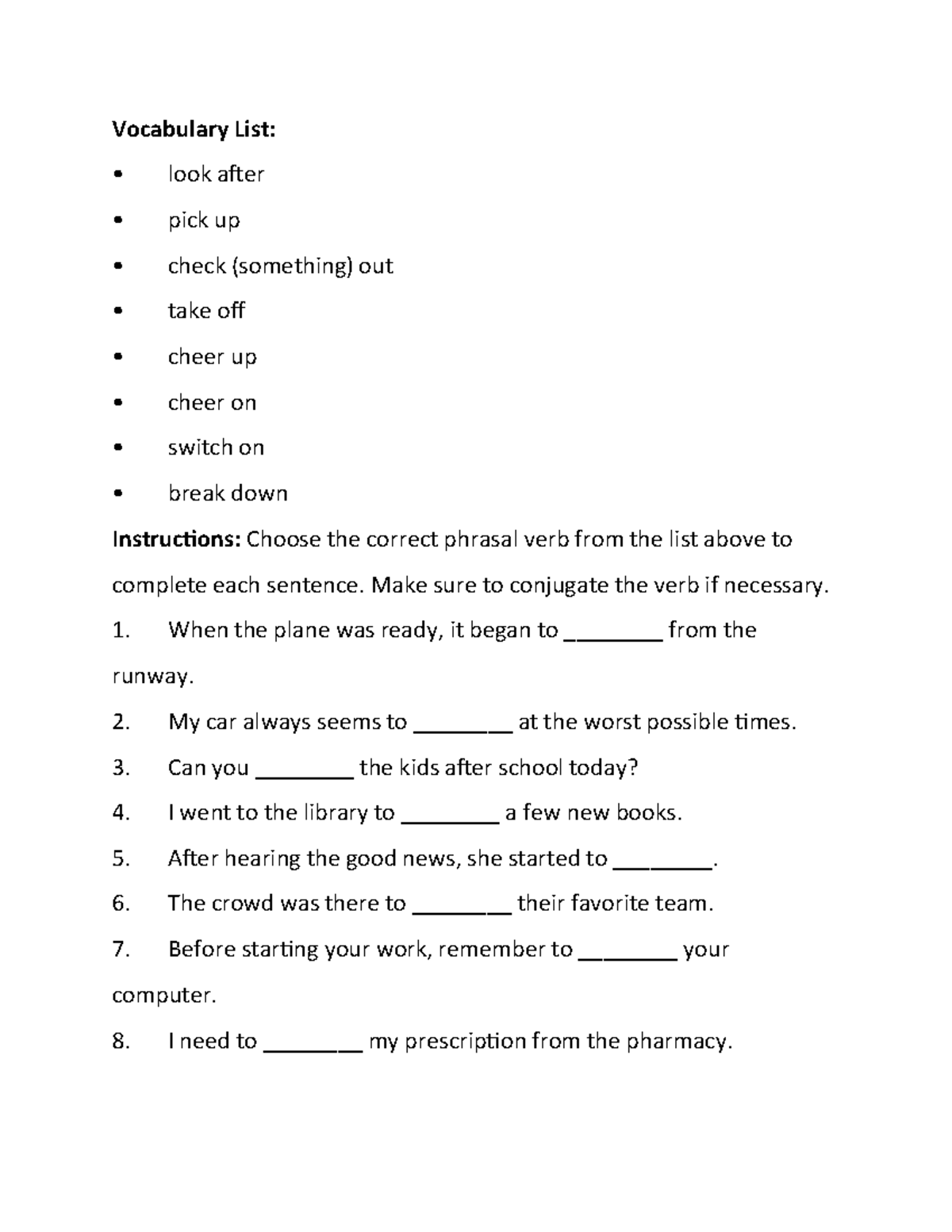 Vocabulary List - phrasal verbs - Vocabulary List: look after pick up ...