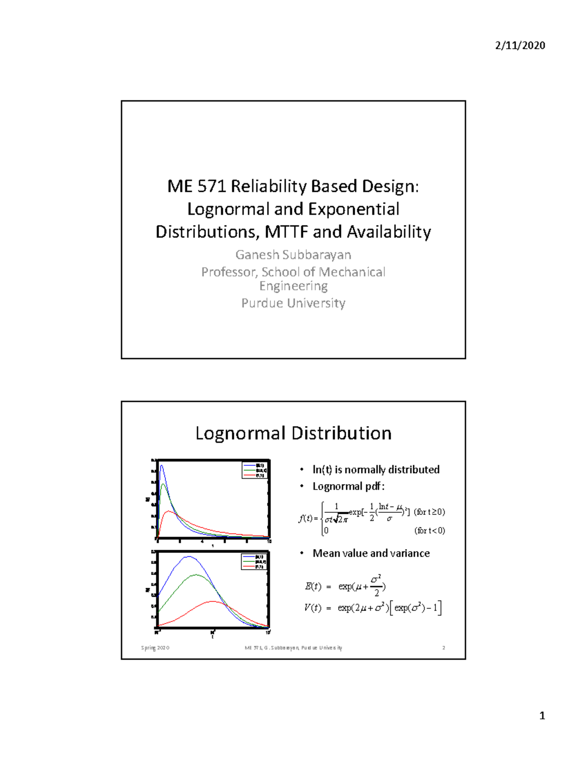 7 lognormal, exponential distributions and MTTF - ME 571 Reliability Based Design: Lognormal and ...