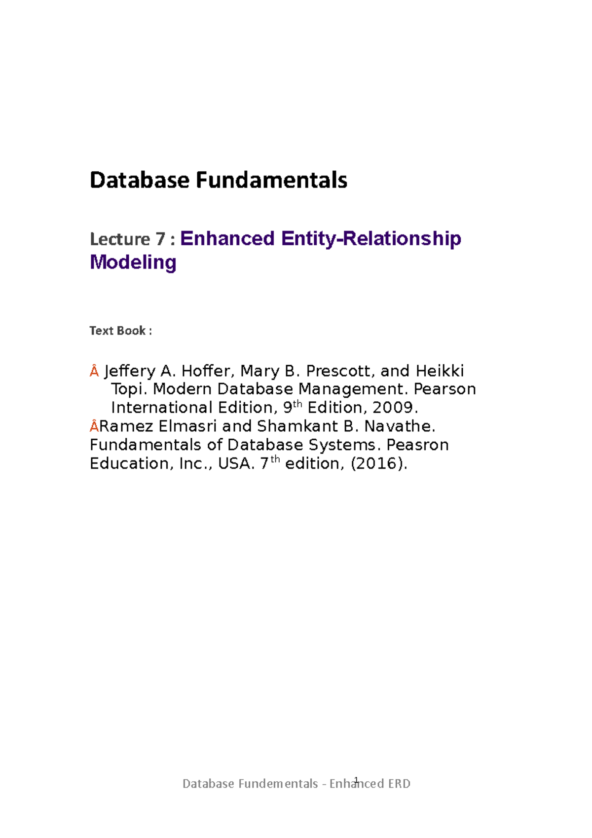 Database Fundementals - Lecture 7 - Database Fundamentals Lecture 7 : Enhanced Entity ...