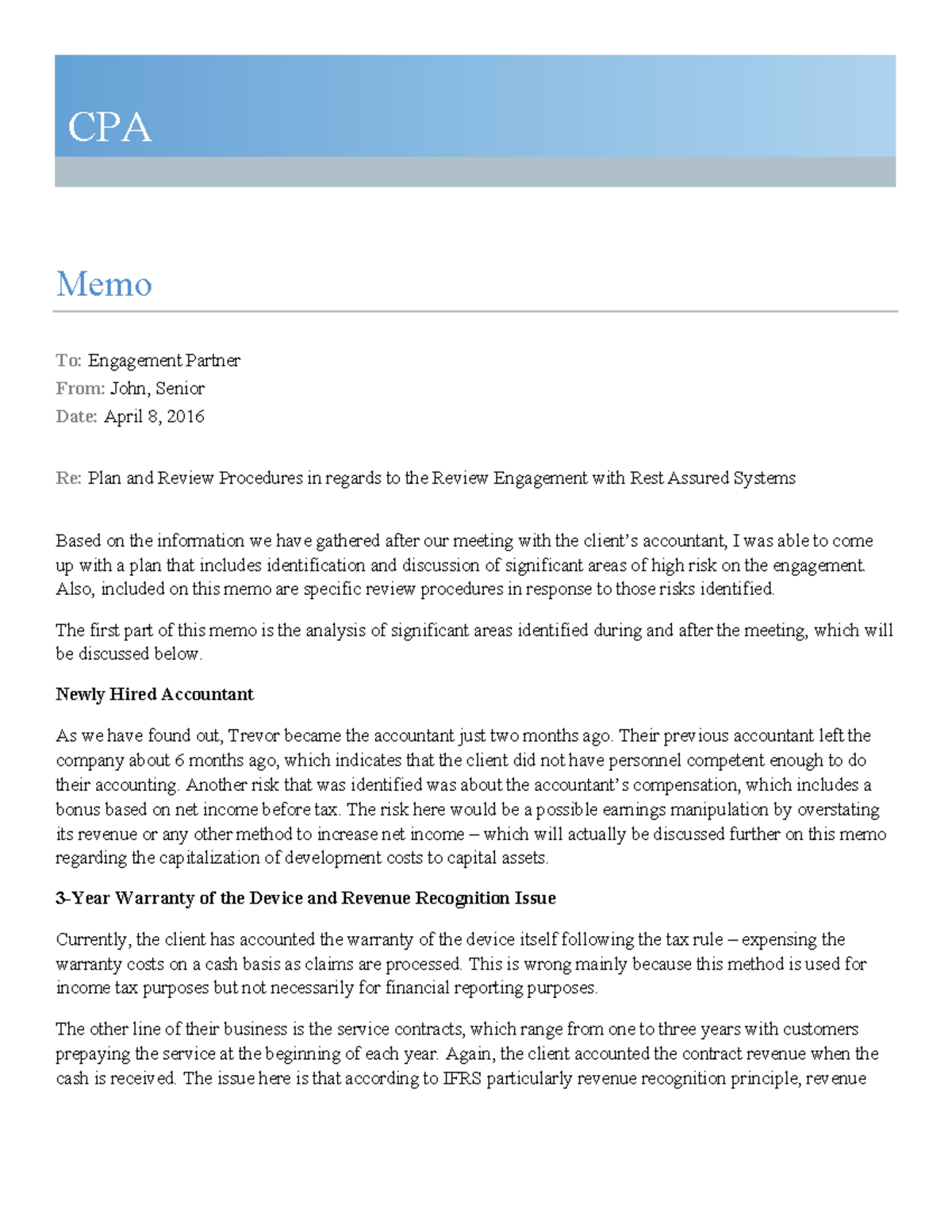 Adv External Auditing Notes and Solutions - CPA Memo To: Engagement ...