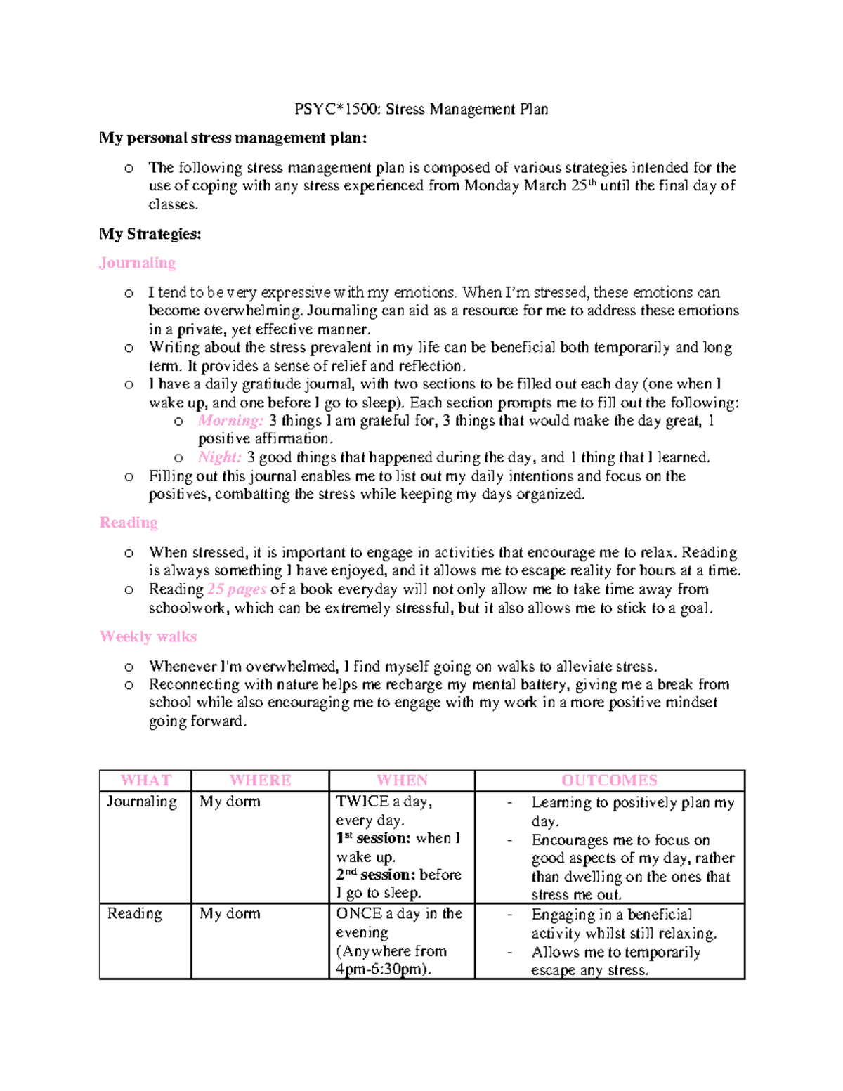 Stress management plan - My Strategies: Journaling o I tend to be very ...