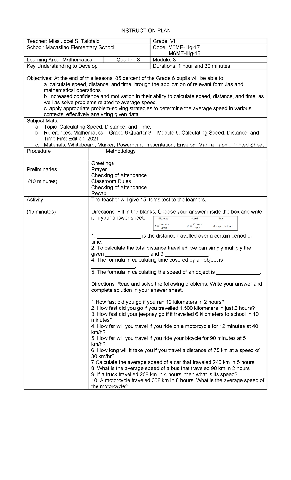 MATH - SAMPLE LESSON PLAN MATH 6 - INSTRUCTION PLAN Teacher: Miss Jocel ...
