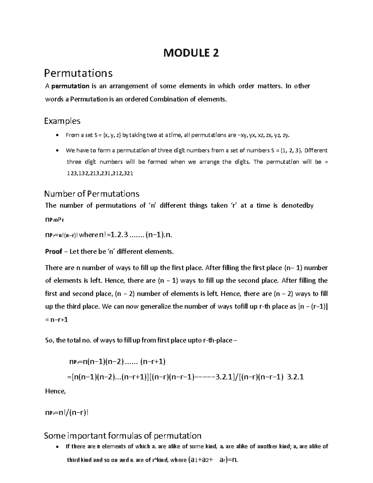 CS201 DCS Module 2 - MODULE 2 Permutations A permutation is an arrangement of some elements in ...