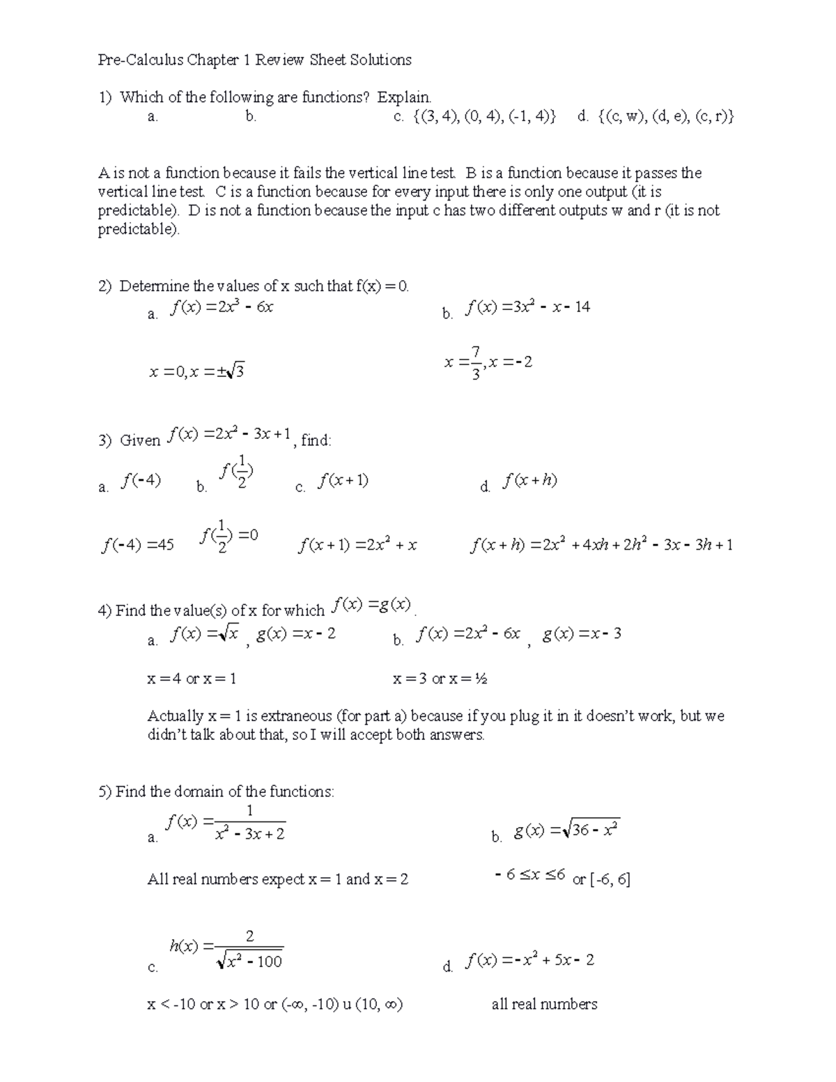 Chap 1 study guide solutions - Pre-Calculus Chapter 1 Review Sheet ...