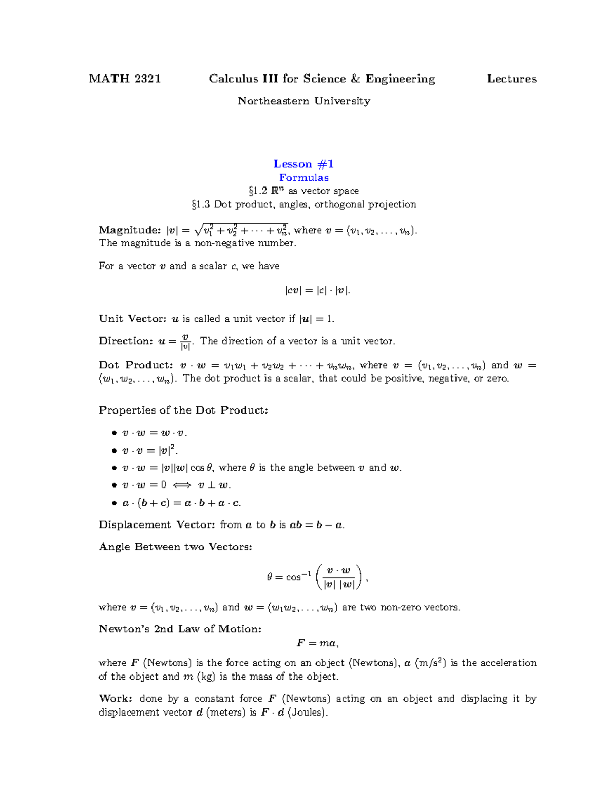 Calculus III Lecture 1 Formulas - MATH 2321 Calculus III for Science ...