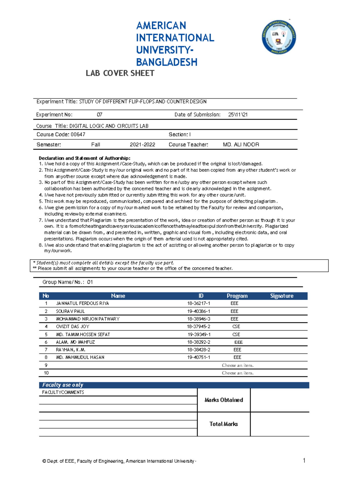 DLC Lab Report 07 - dlc - © Dept. of EEE, Faculty of Engineering ...