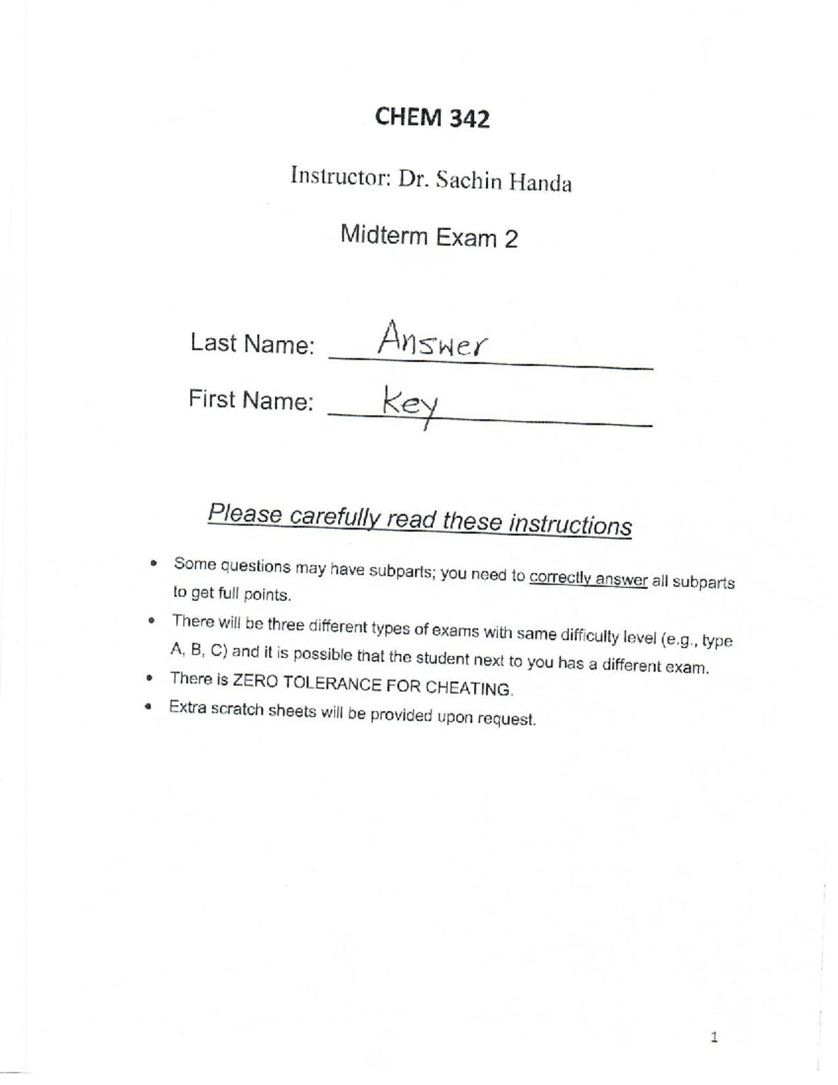 Answer Key Exam 2 - exam - CHEM 2211 - Studocu