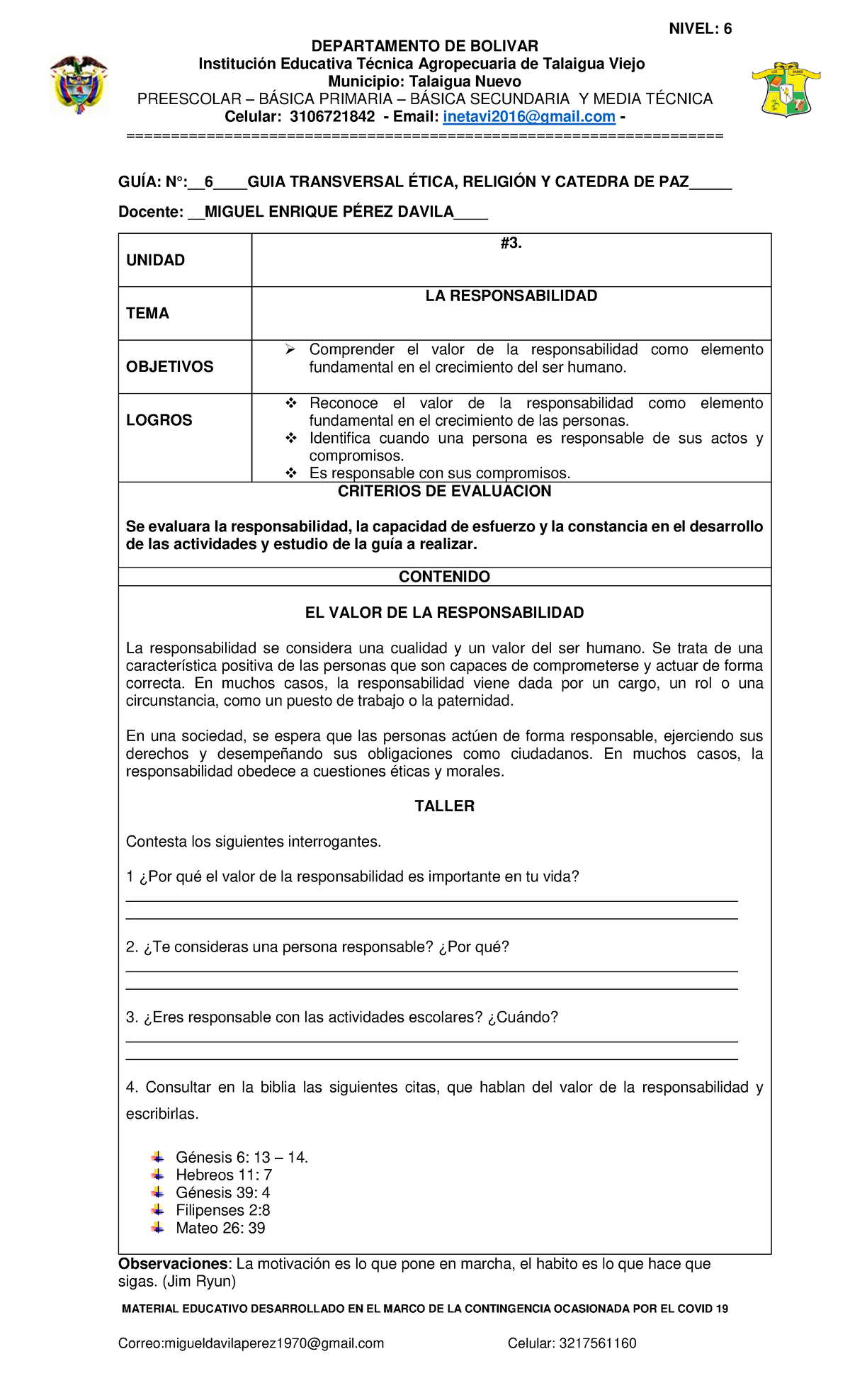 GUIA N° 6. 6-11 - kllkkl - NIVEL: 6 DEPARTAMENTO DE BOLIVAR Institución ...