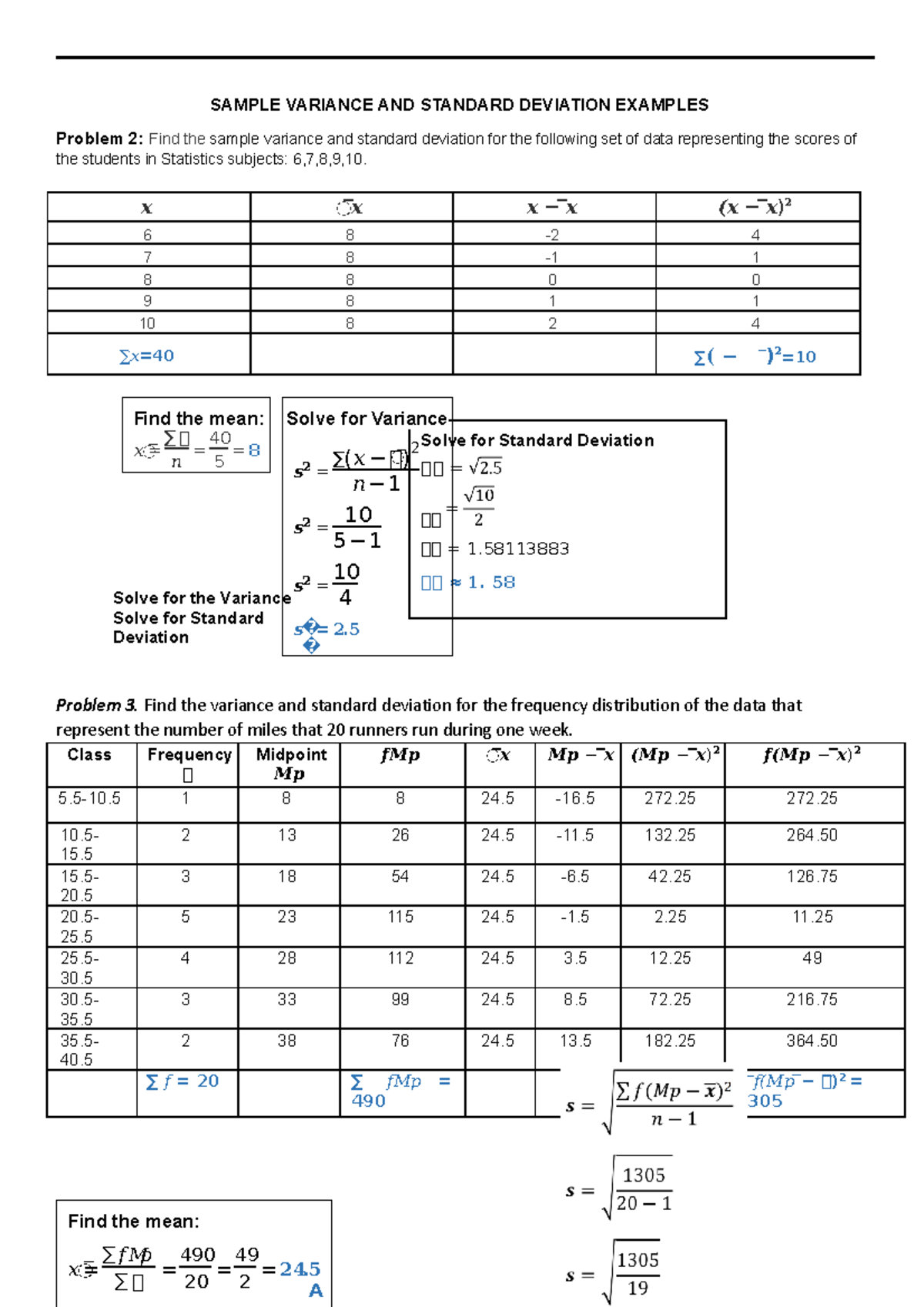 Sample Variance - SAMPLE VARIANCE AND STANDARD DEVIATION EXAMPLES ...