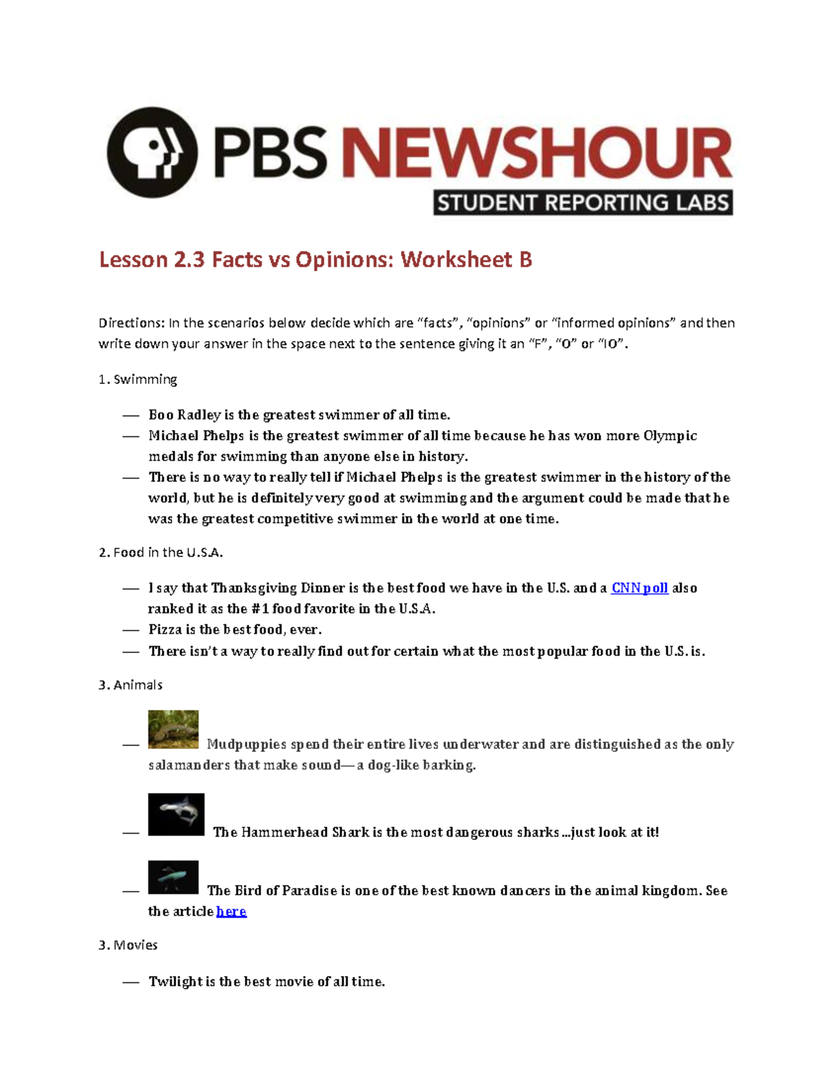Worksheet-2 - English - Lesson 2 Facts vs Opinions: Worksheet B ...