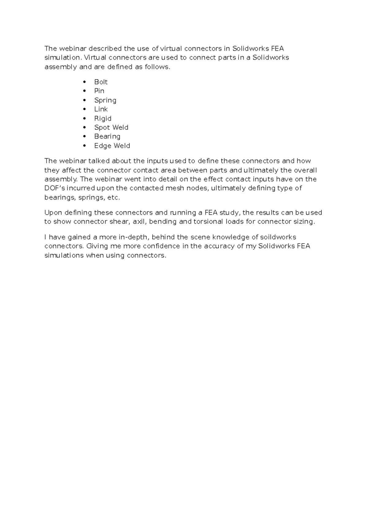 Solidwork Simulation Set Other Connectors - The webinar described the use of virtual connectors ...
