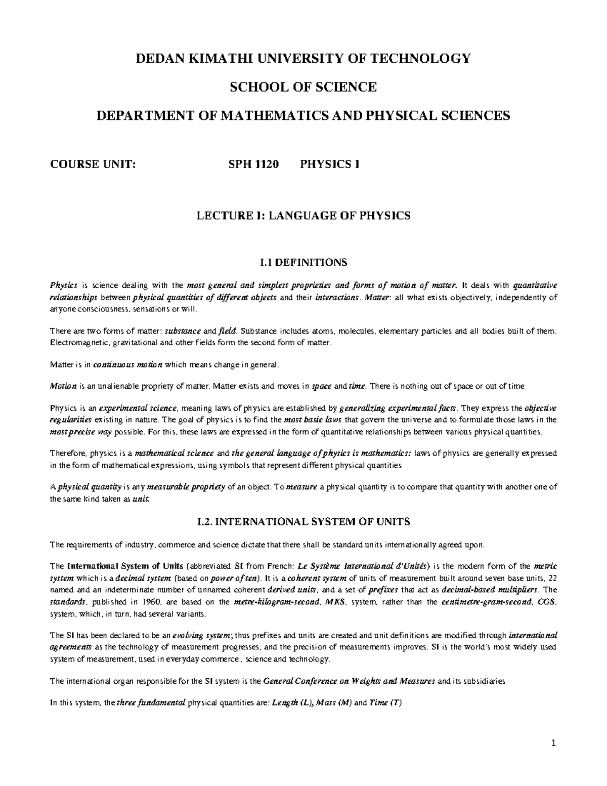 Mechanics Part I-converted - DEDAN KIMATHI UNIVERSITY OF TECHNOLOGY SCHOOL OF SCIENCE DEPARTMENT ...