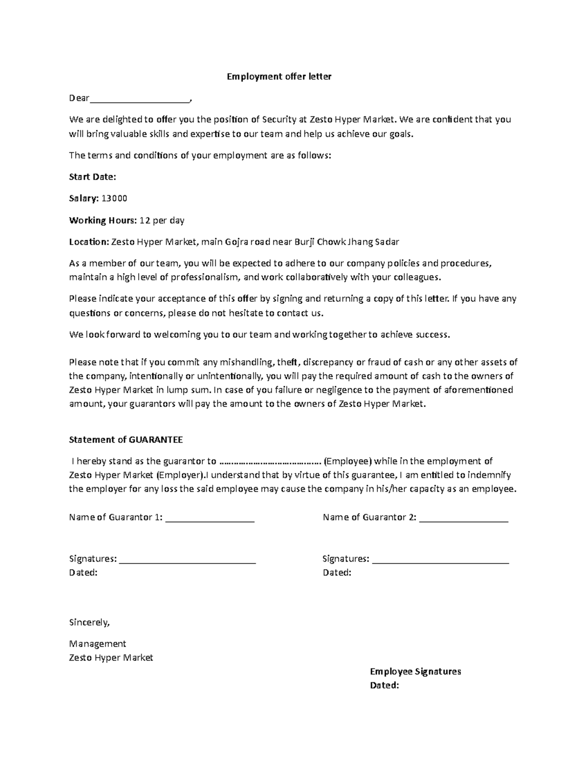 Employment offer letter-Guard - Employment offer letter Dear ...
