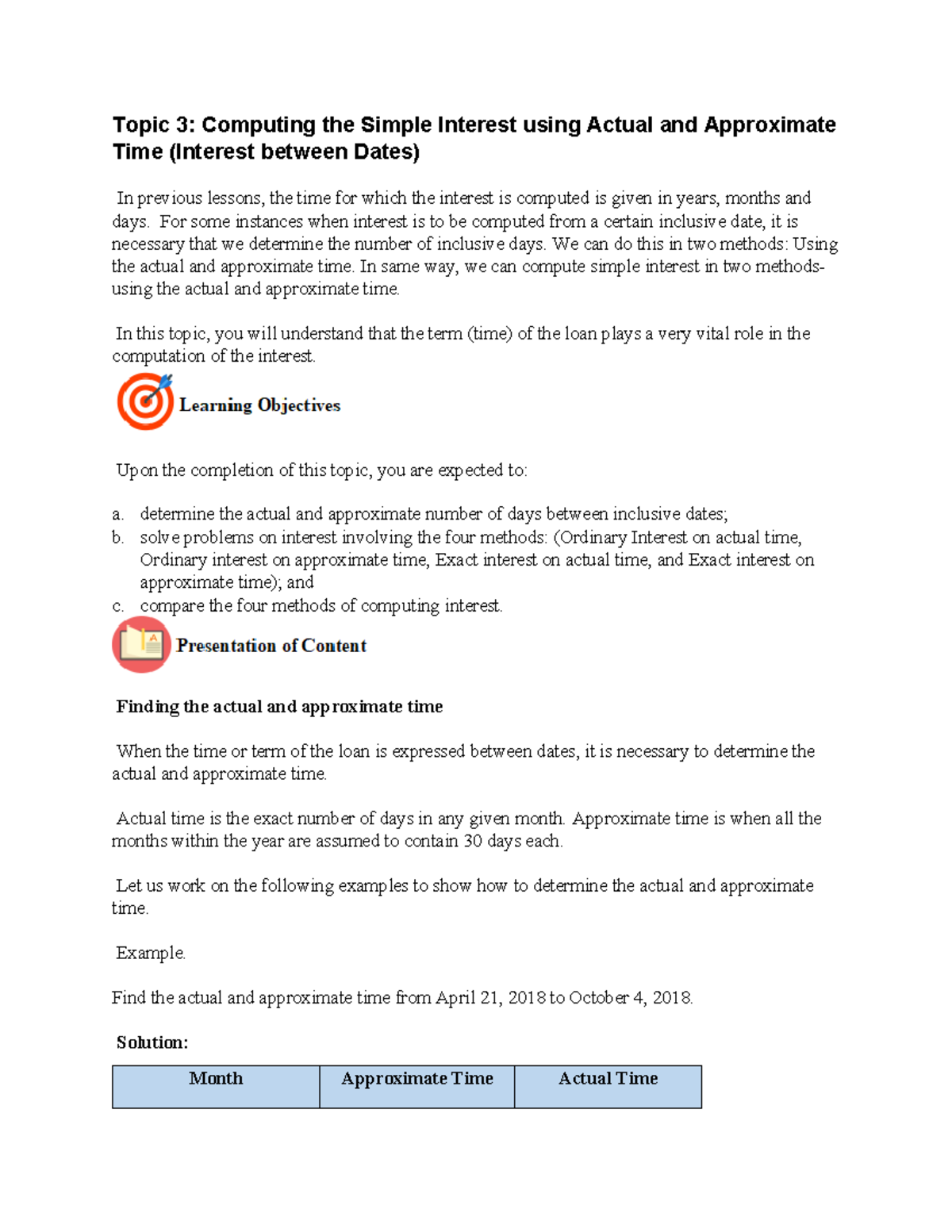 Lesson 6 Actual Approximate TIME - Topic 3: Computing the Simple ...