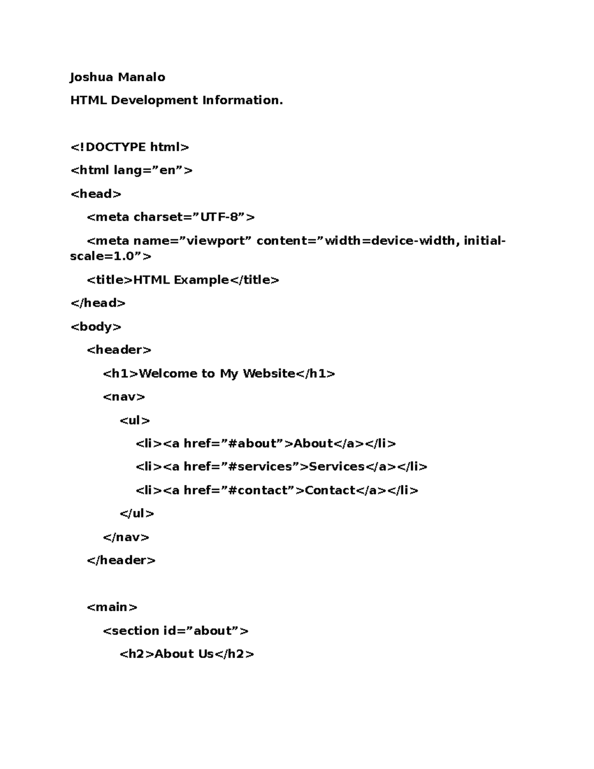 My HTML knowledge - Joshua Manalo HTML Development Information.