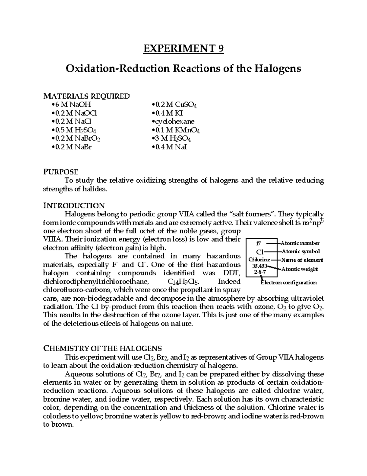 Experiment 9 Halogens - EXPERIMENT 9 Oxidation-Reduction Reactions of ...