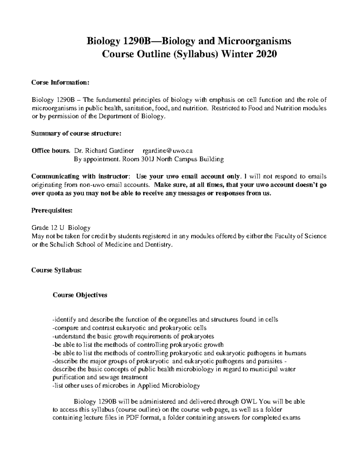 2020 Biology 1290B Course Outline - Biology 1290B—Biology and ...