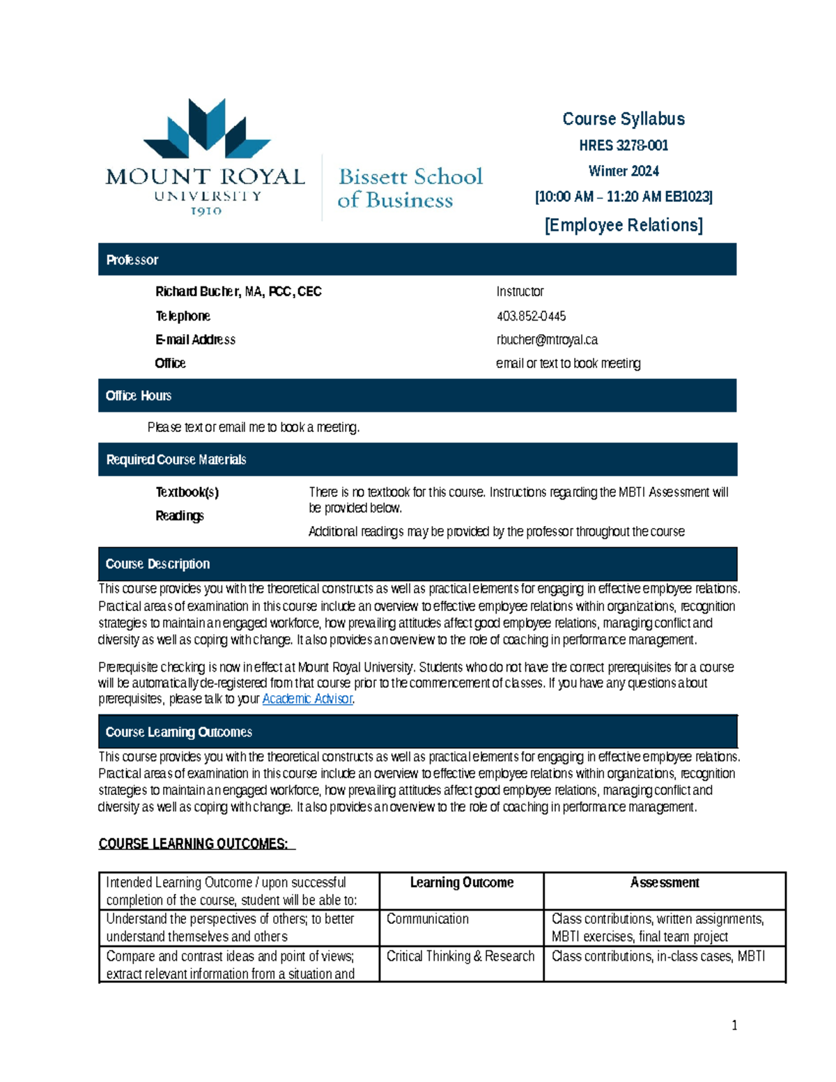 Employee Relations Course Outline Winter 2024 - Course Syllabus HRES ...