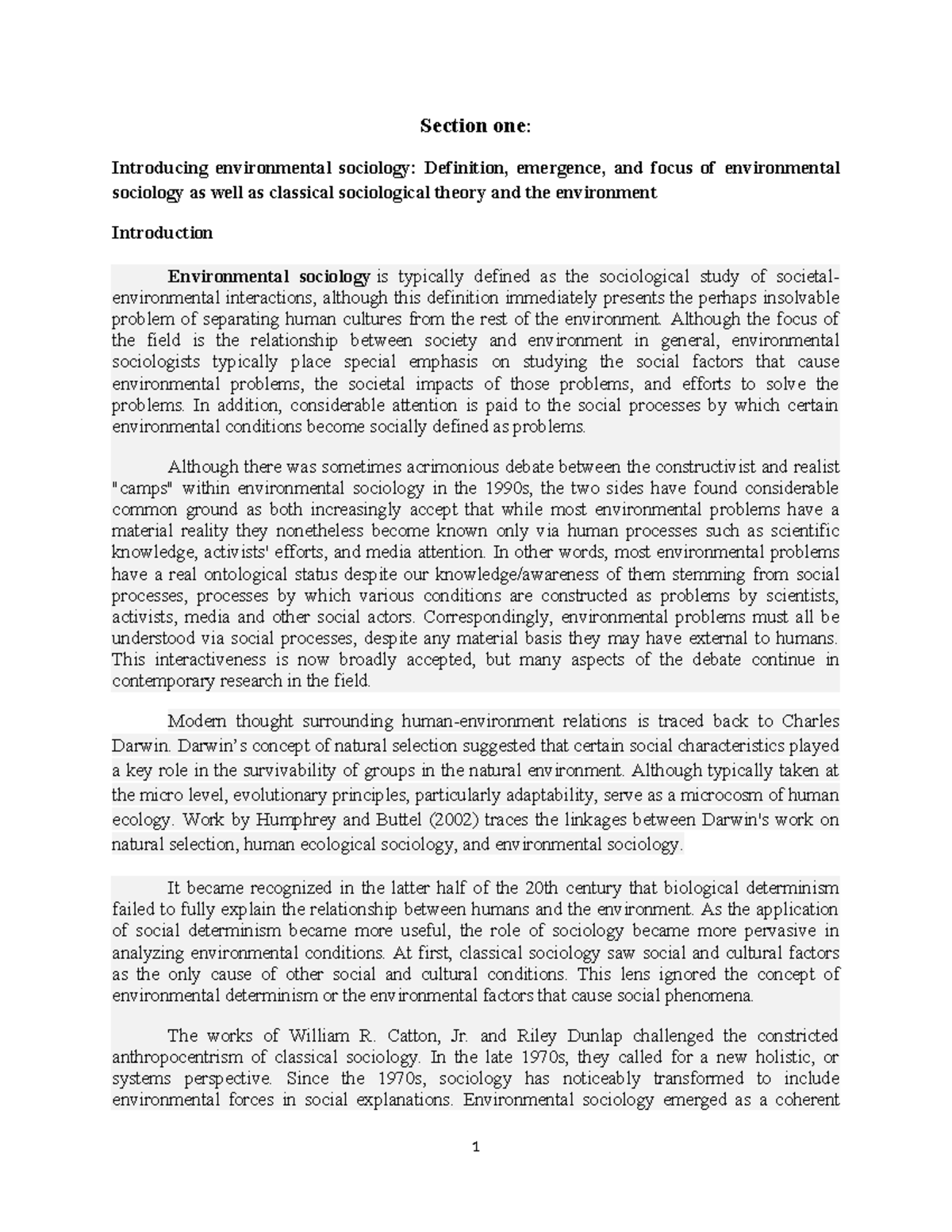 Environment sociology meterial - Section one: Introducing environmental ...