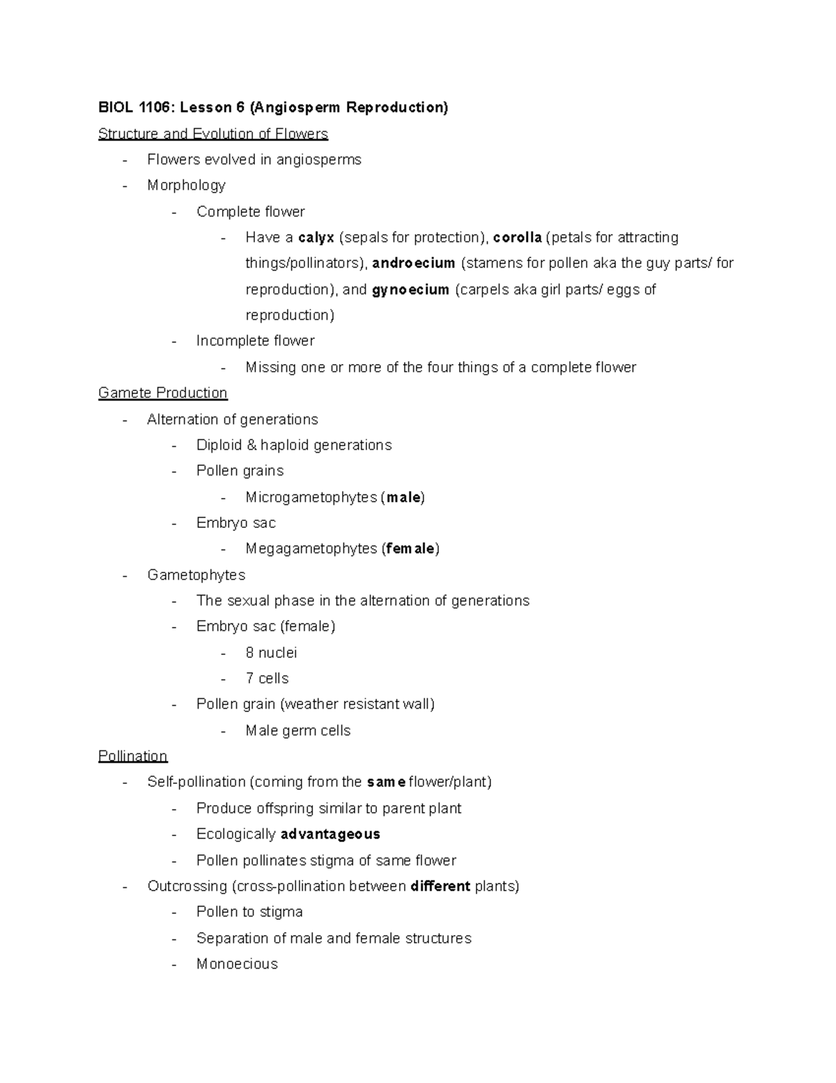 Biology 1106 Lesson 6 (Angiosperm Reproduction) - BIOL 1106: Lesson 6 ...