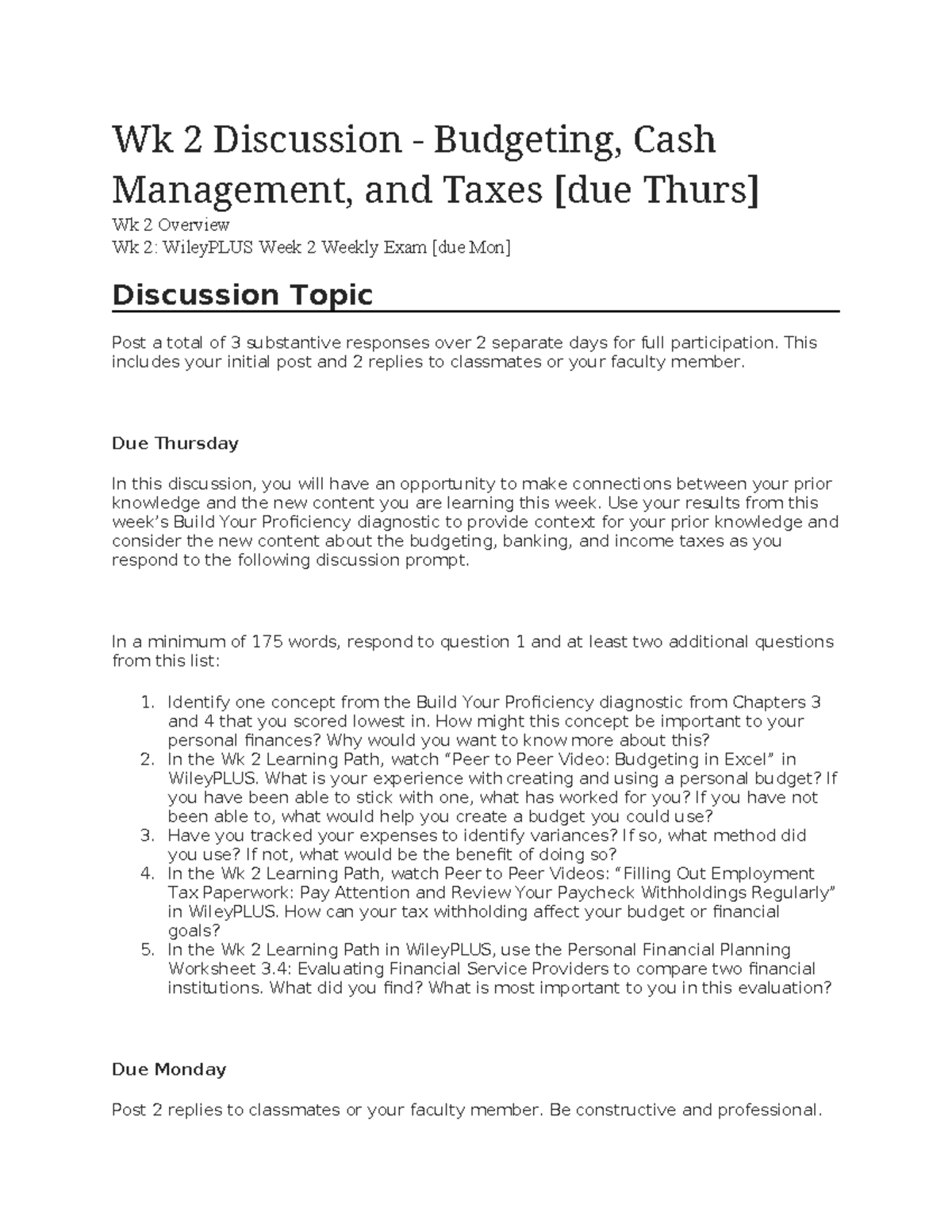 Fp week 2 - homework - Wk 2 Discussion - Budgeting, Cash Management ...