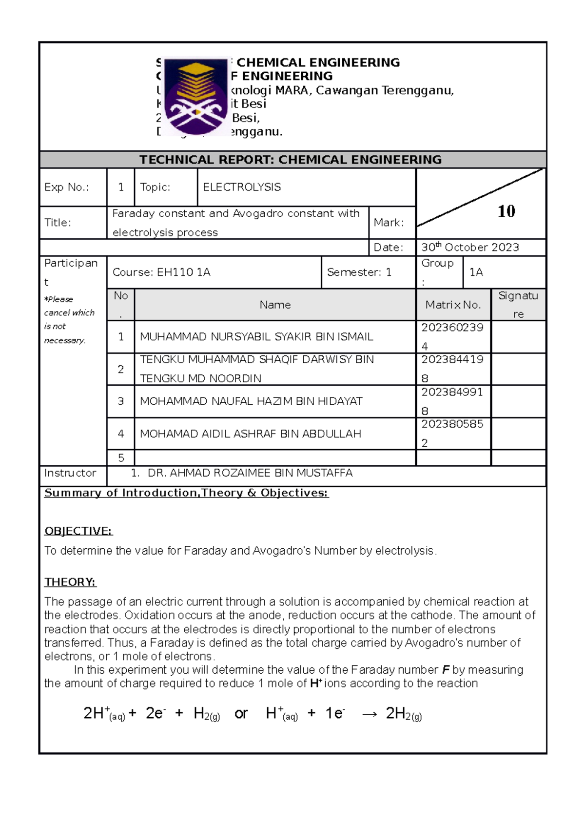 6. Technical Report Form CHE142 - SCHOOL OF CHEMICAL ENGINEERING ...