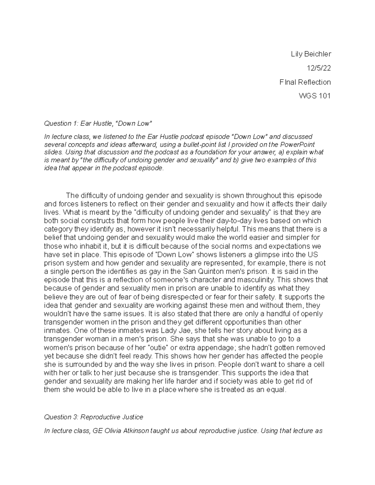 WGS 101 Final Reflection - Lily Beichler 12/5/ FInal Reflection WGS 101 ...